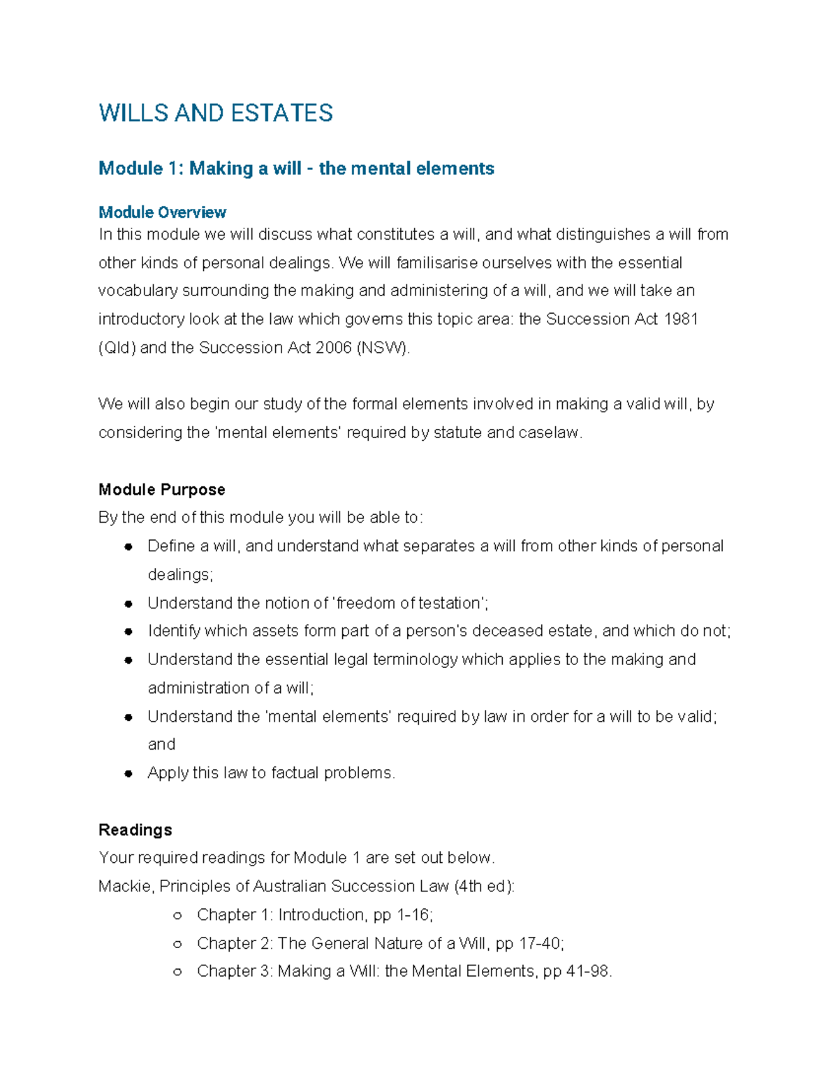 Wills AND Estates - Module Notes - WILLS AND ESTATES Module 1: Making a ...