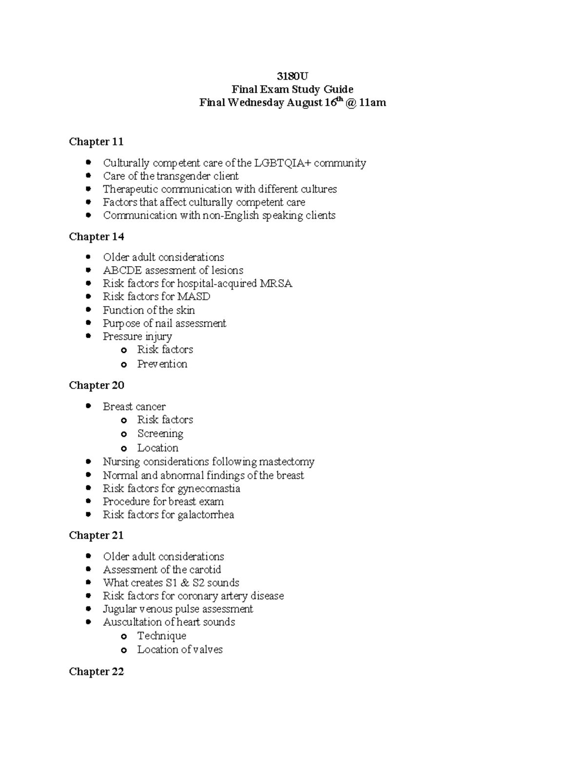 Final health assessment - 3180U Final Exam Study Guide Final Wednesday ...