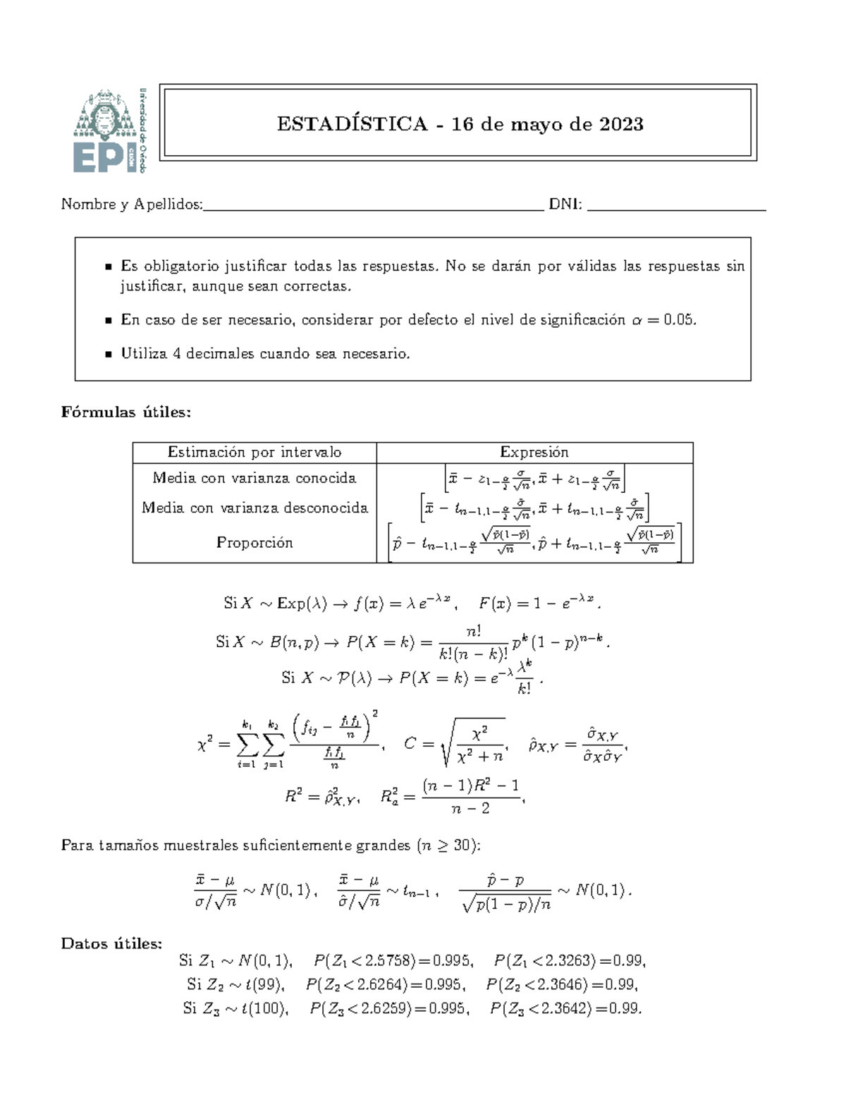 Ex-menes anteriores - Examenes Estadistica ingenieria - EPI Universidad ...