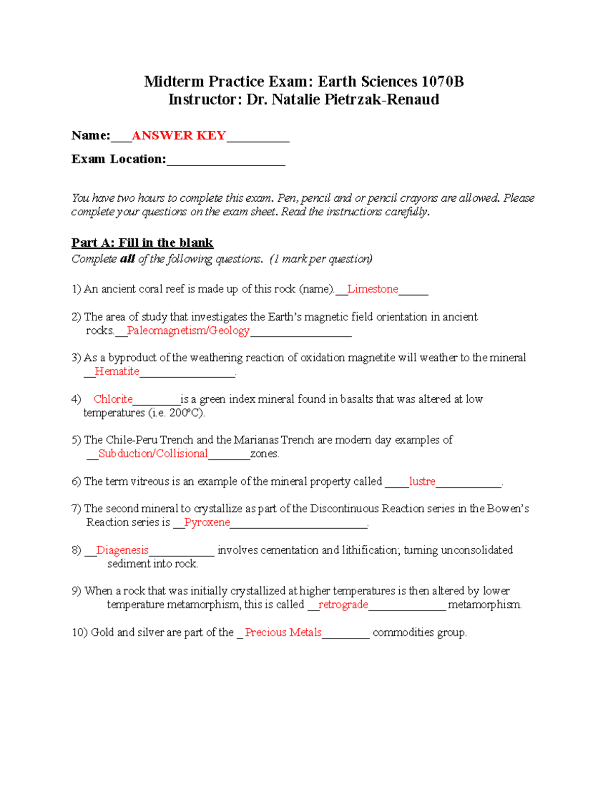Midterm Practice Exams with Answer Key - Midterm Practice Exam: Earth ...