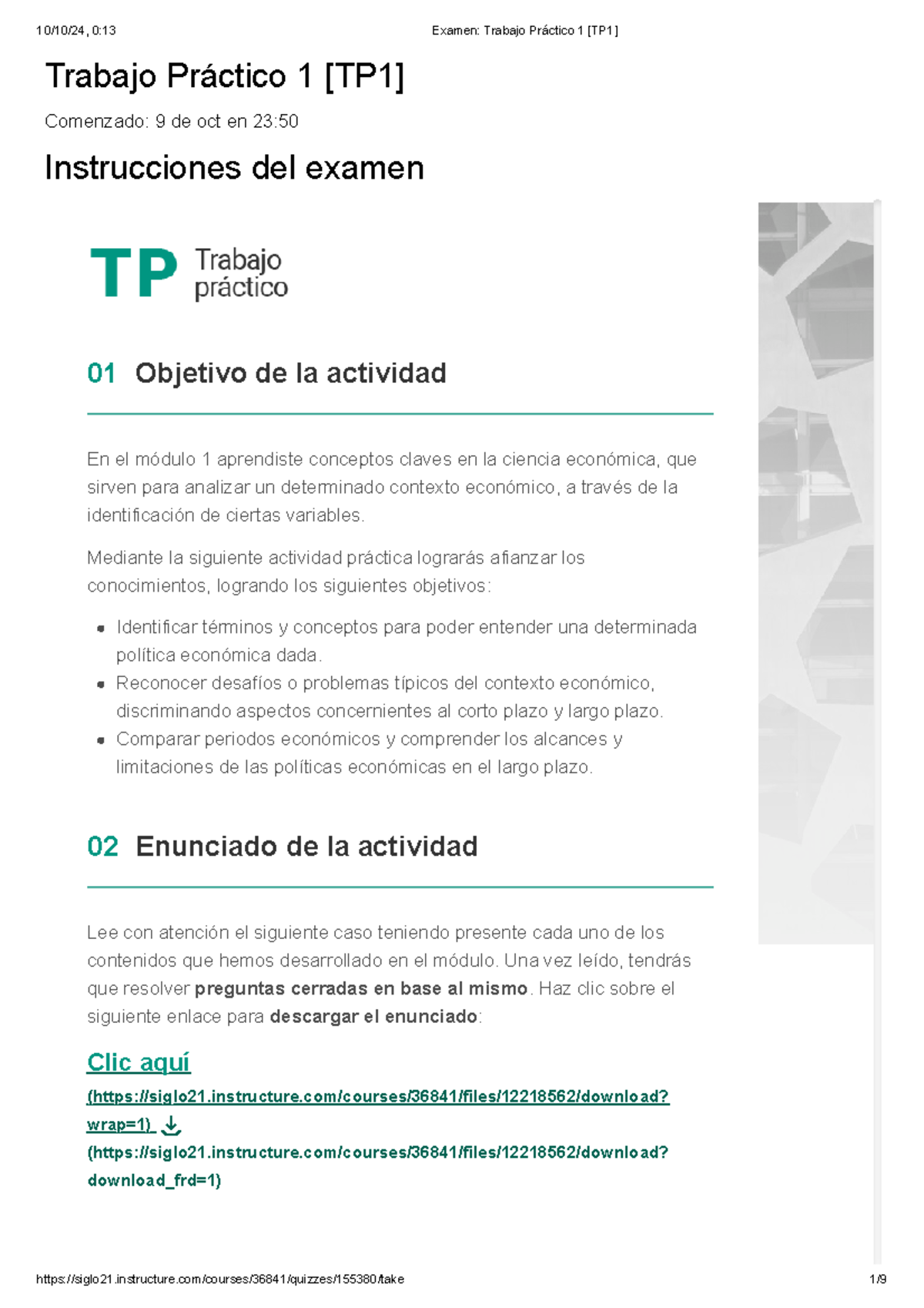 Examen Trabajo Práctico 1 [TP1].pdf ECON ARG - Trabajo Práctico 1 [TP1] Comenzado: 9 de oct en ...