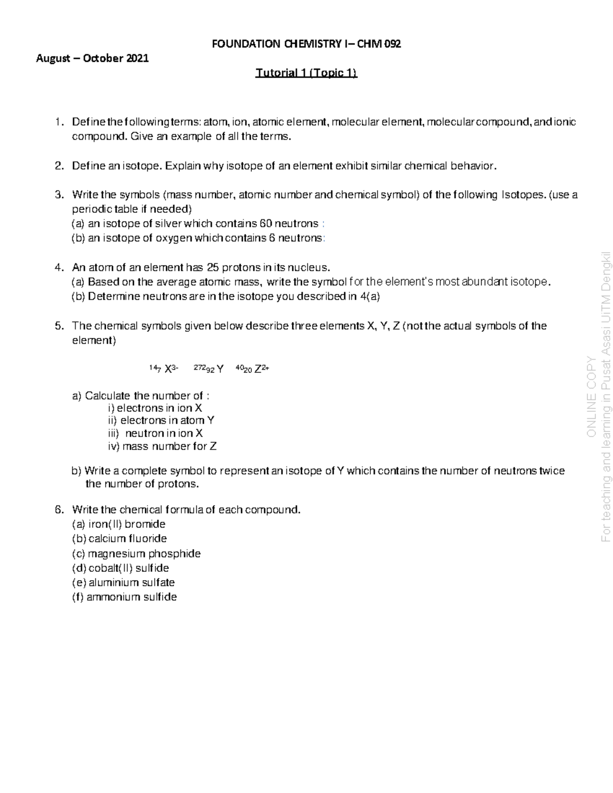 Chem tuto 1 - Tutorial questions chapter 1 - ONLINE COPY For teaching ...