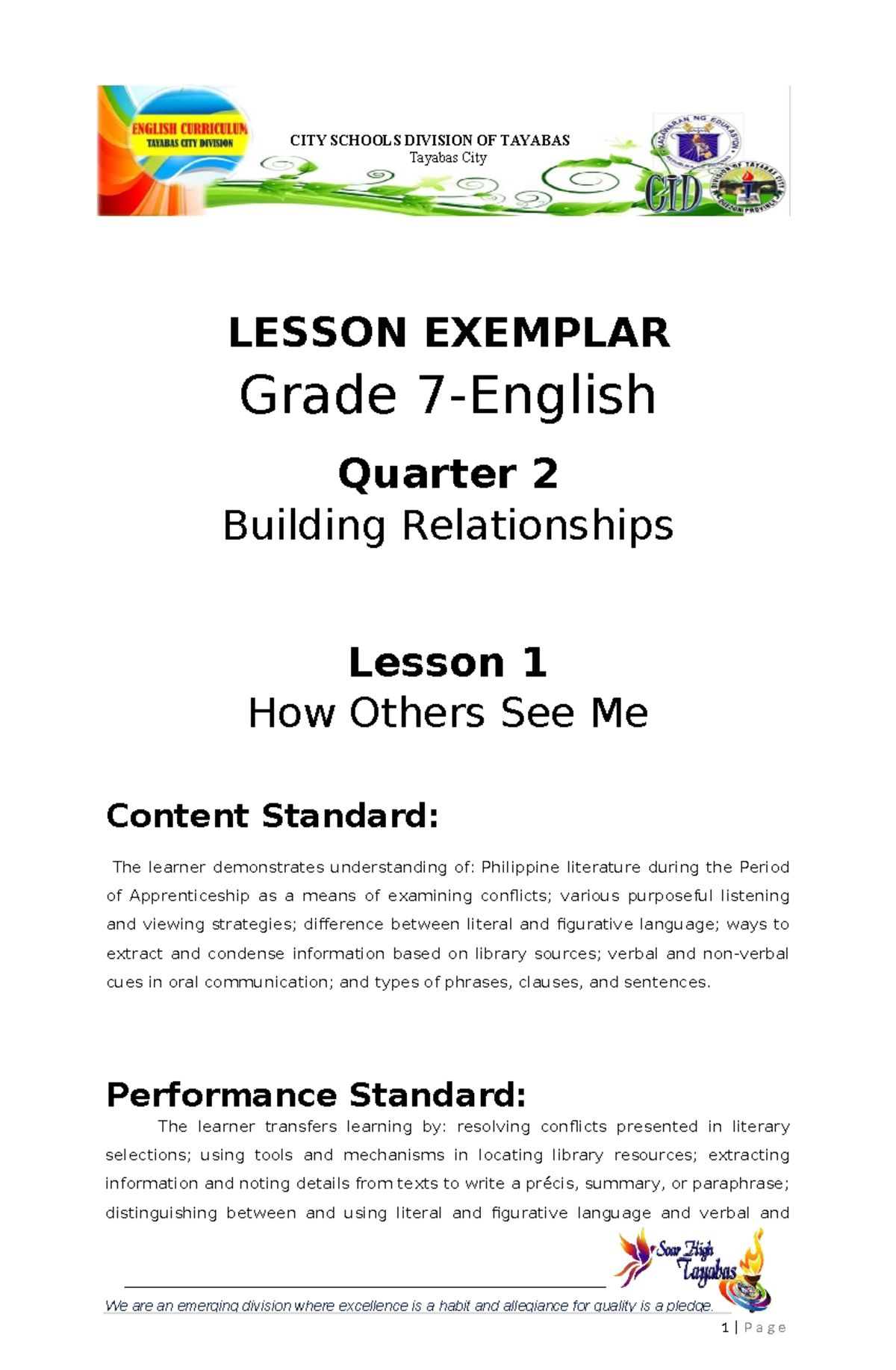 G7 English Lesson Exemplar 2nd Quarter - We are an emerging division where excellence is a habit ...