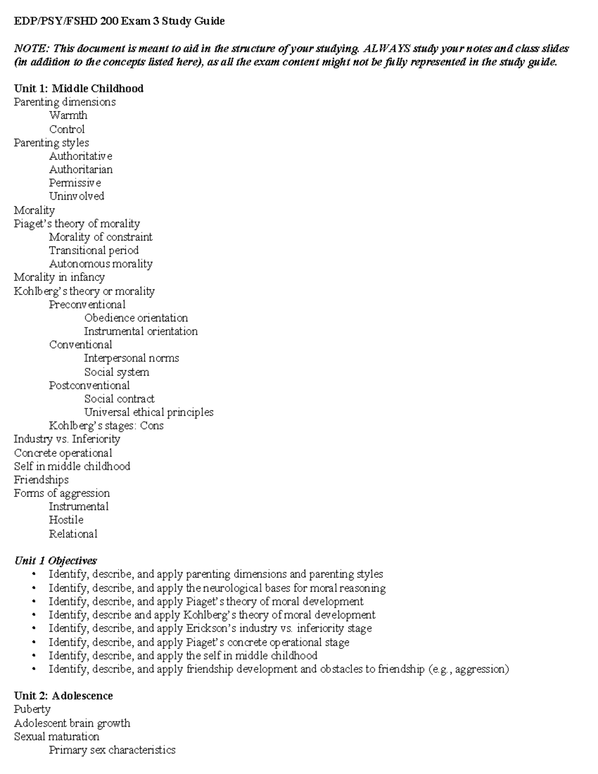 FSHD 200 Exam 3 Study Guide 200 4 30 - EDP/PSY/FSHD 200 Exam 3 Study ...