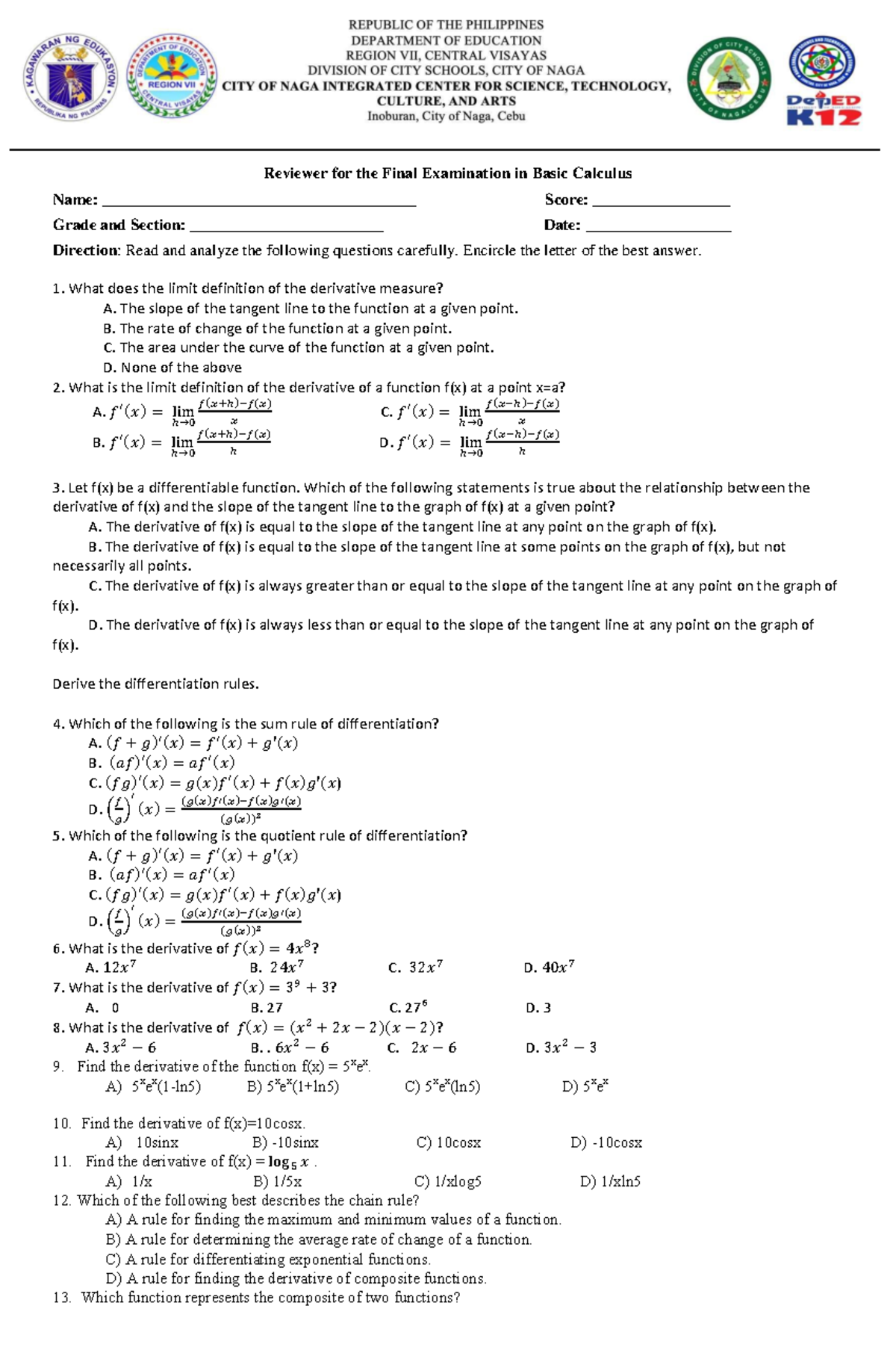 Basic Calculus QIV Reviewer - Reviewer for the Final Examination in ...