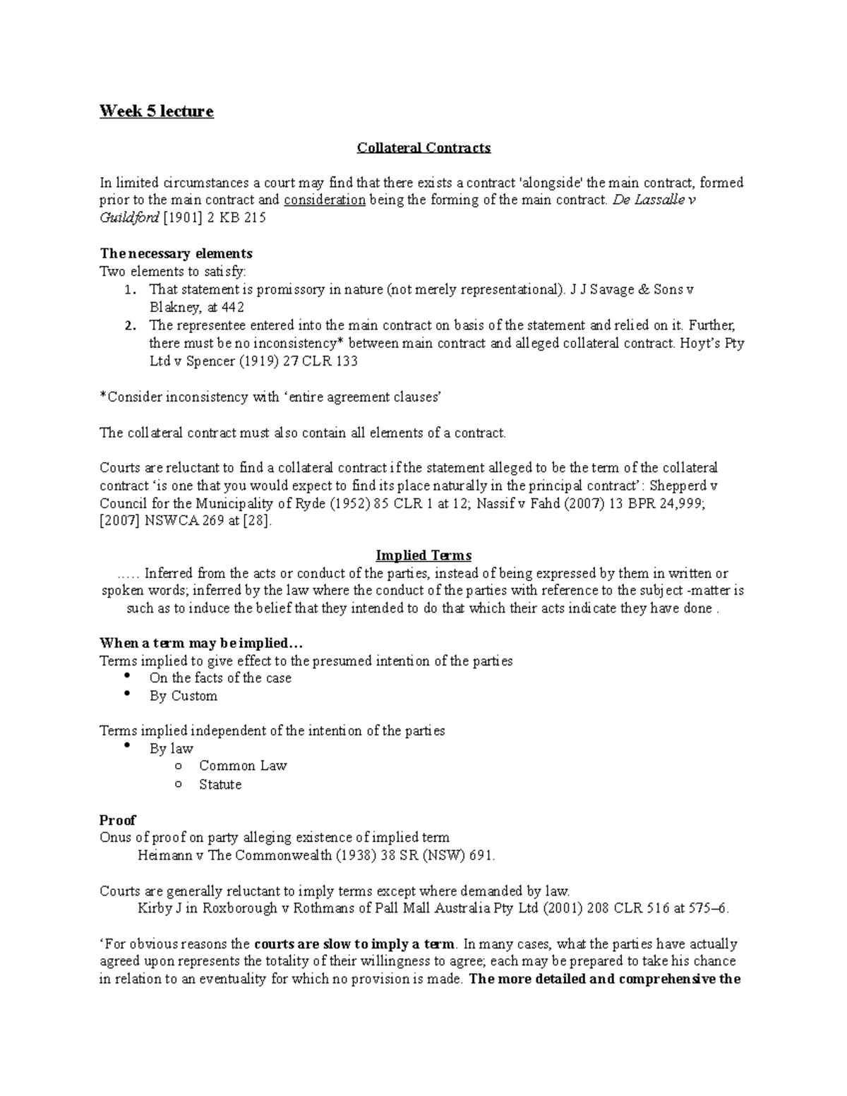 Lecture 5 notes - Week 5 lecture Collateral Contracts In limited ...