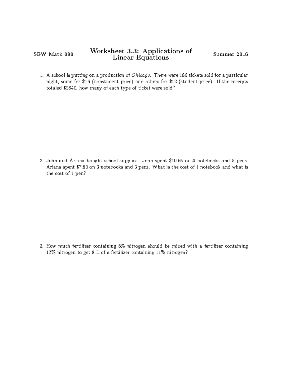 SEW Math worksheet 3.3 - SEW Math 090 Worksheet 3: Applications of ...
