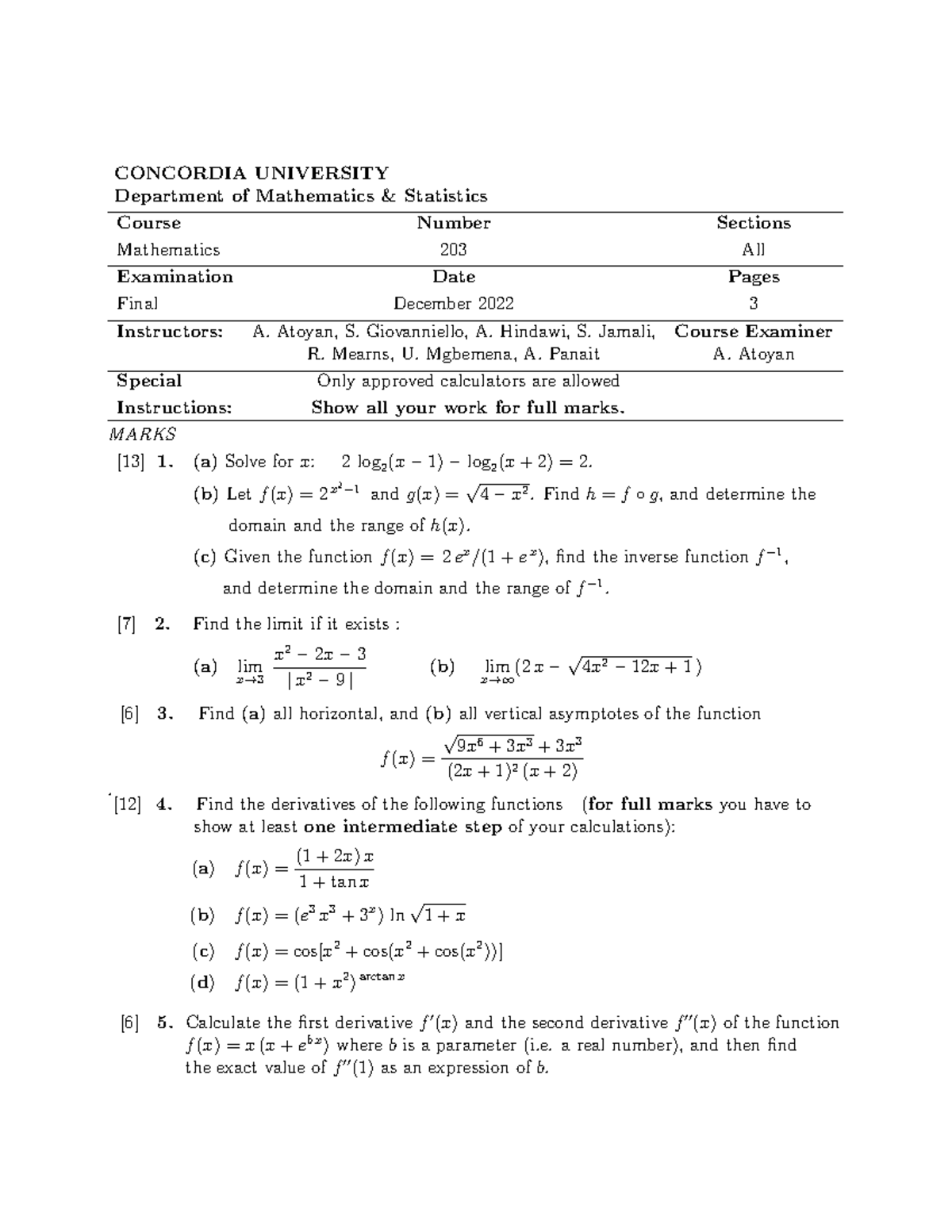 Math203 Final Exam Fall 2022 - CONCORDIA UNIVERSITY Department of ...