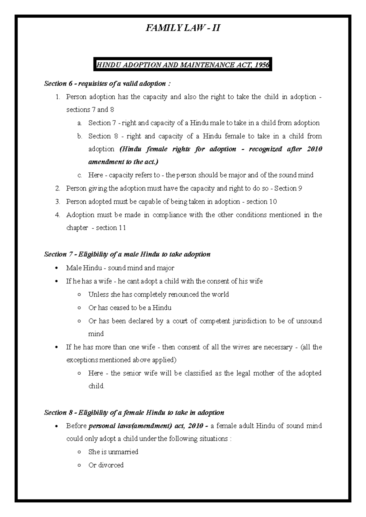 HAMA & HMGA notes - Fam law II - HINDU ADOPTION AND MAINTENANCE ACT ...