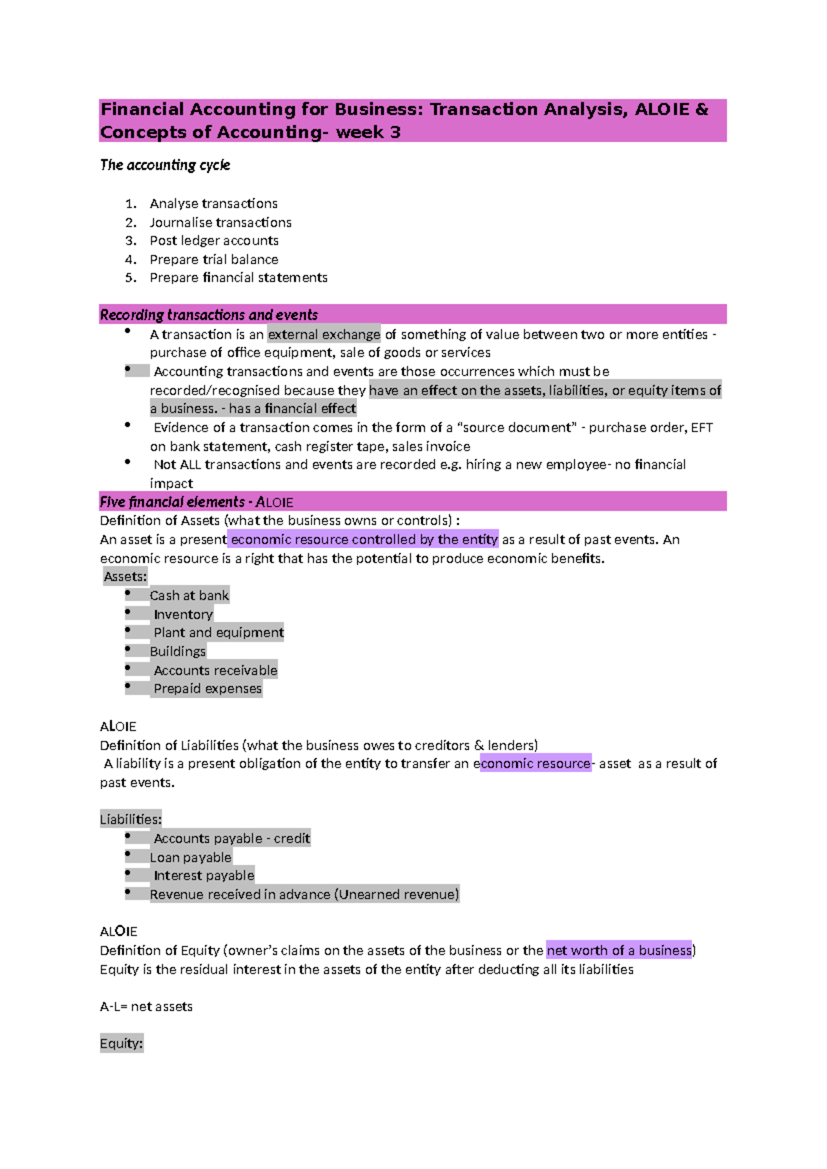 ACC Notes - Financial Accounting for Business: Transaction Analysis ...