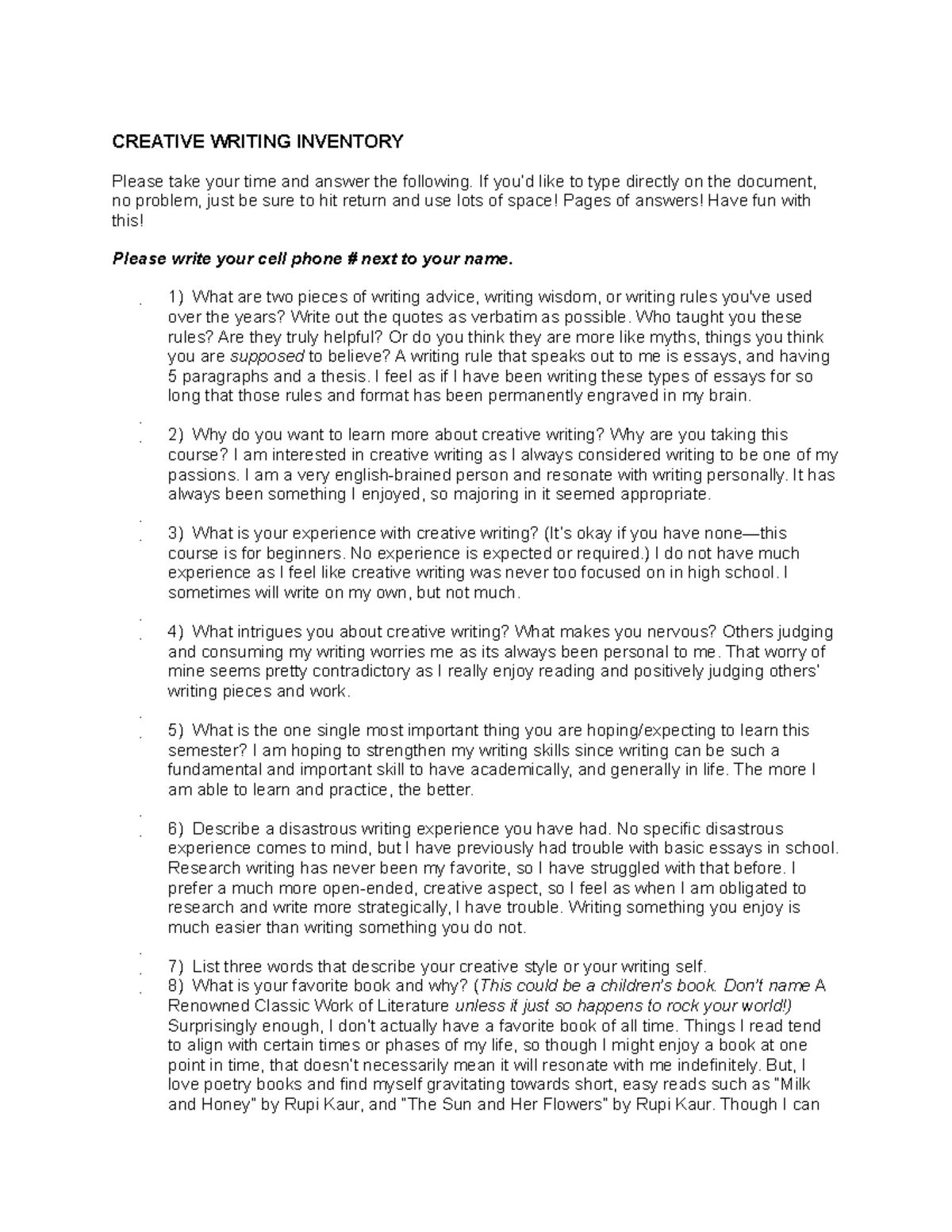 Creative Writing Inventory-2 - CREATIVE WRITING INVENTORY Please take ...