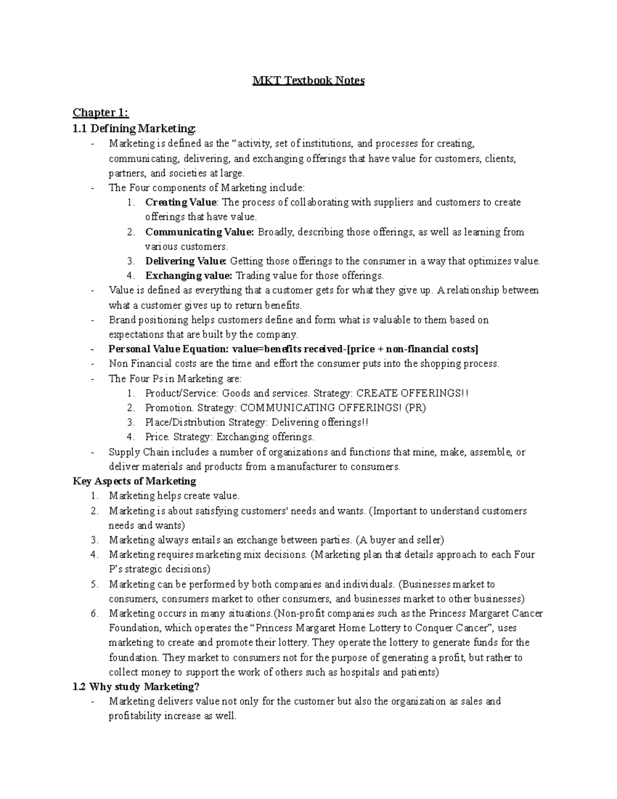 MKT Notes - MKT Textbook Notes Chapter 1: 1 Defining Marketing ...
