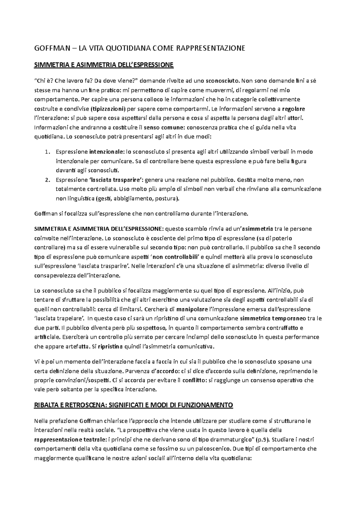 Goffman - GOFFMAN – LA VITA QUOTIDIANA COME RAPPRESENTAZIONE SIMMETRIA ...