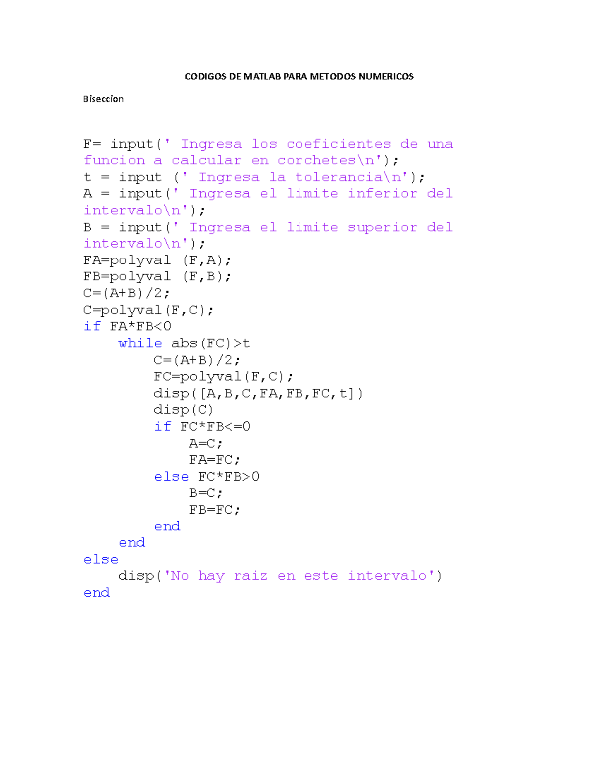 Codigos DE Matlab PARA Metodos Numericos - CODIGOS DE MATLAB PARA ...
