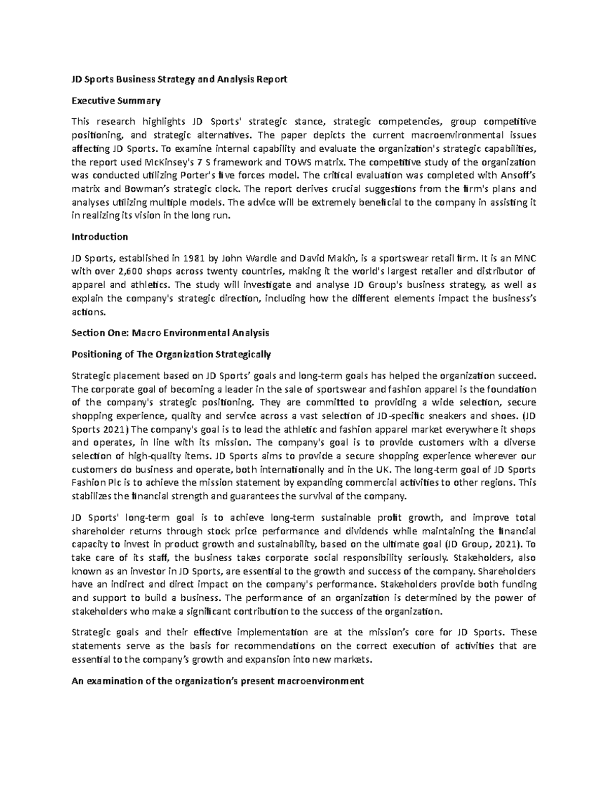 JD Plagarism rewrite - JD Sports Business Strategy and Analysis Report ...