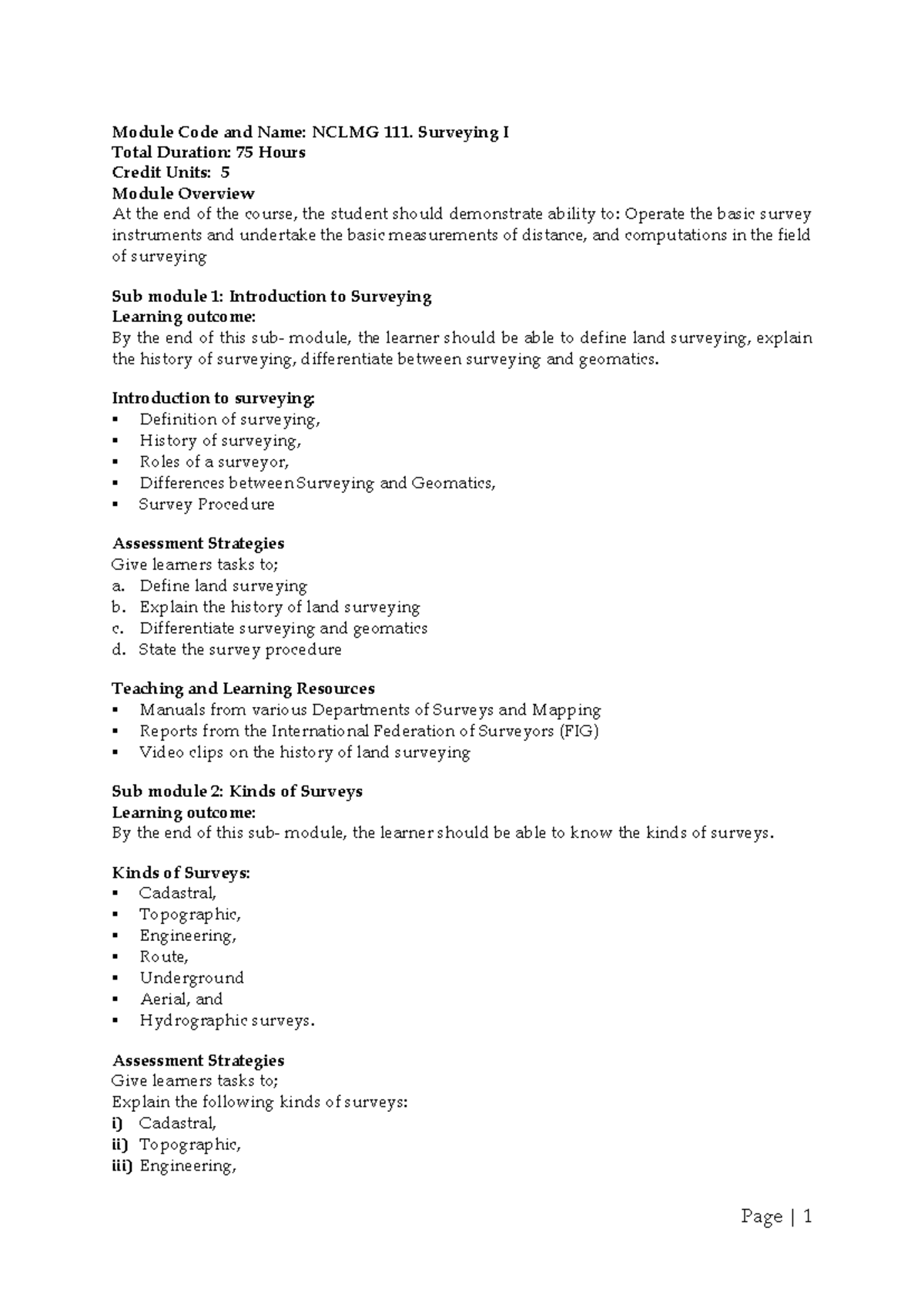 Surveying 1 modular - Module Code and Name: NCLMG 111. Surveying I ...