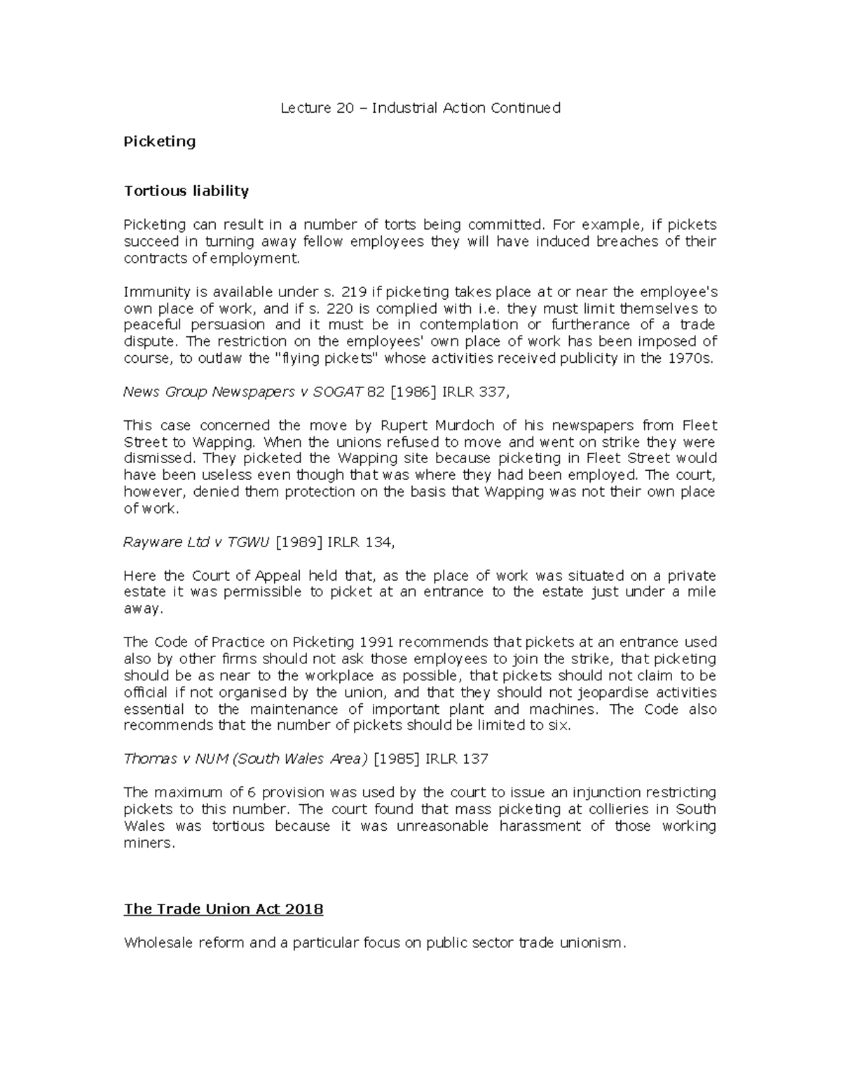 Lecture 20 - Industrial Action Continued - Lecture 20 – Industrial ...