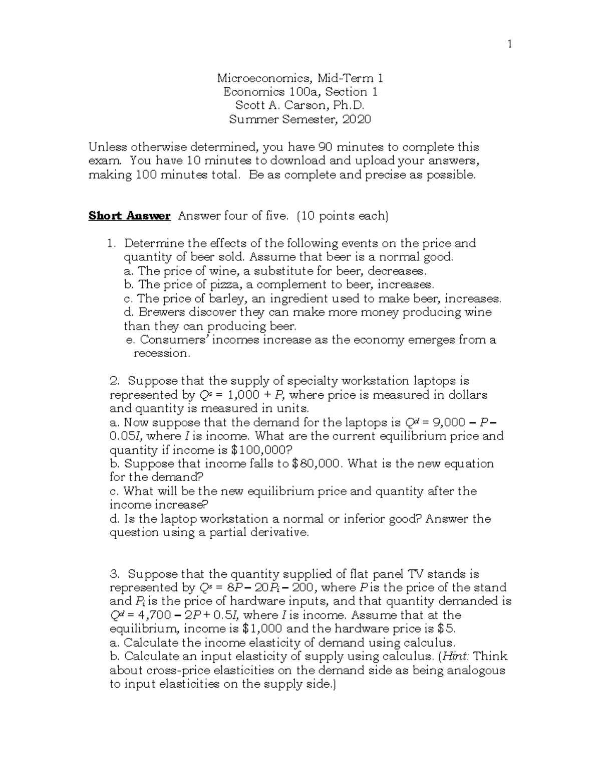 Econ 100A Summer 2020 Midterm 1 - 1 Microeconomics, Mid-Term 1 ...