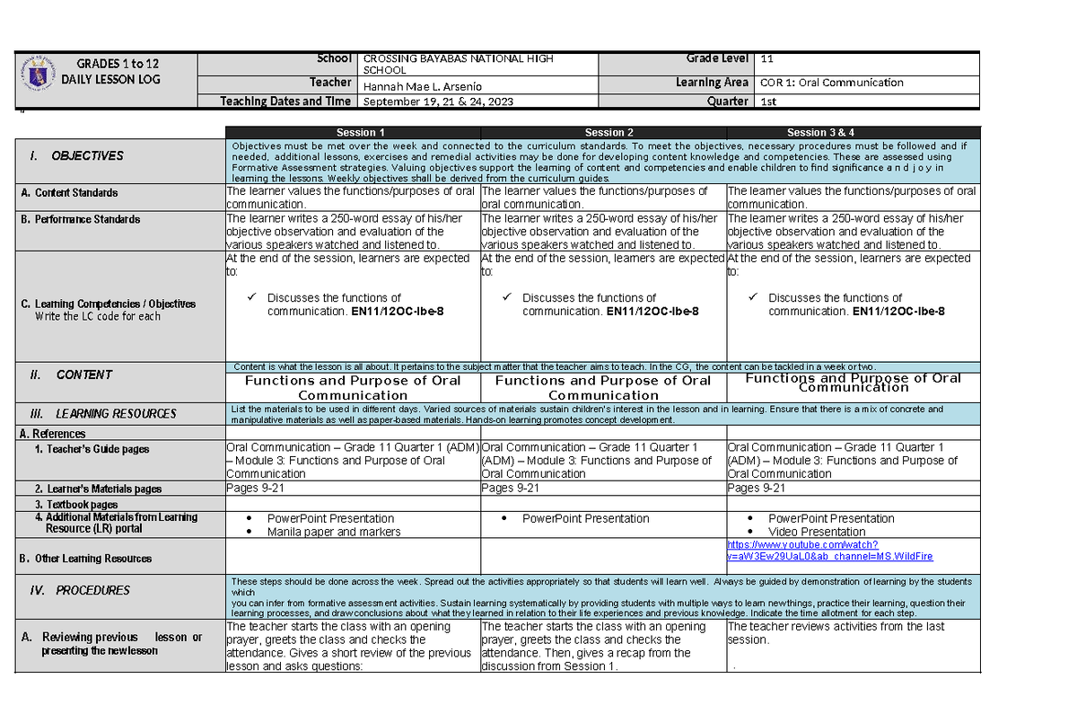 DLL COR 1 WEEK 3 final - ORAL COM DLP - GRADES 1 to 12 DAILY LESSON LOG ...