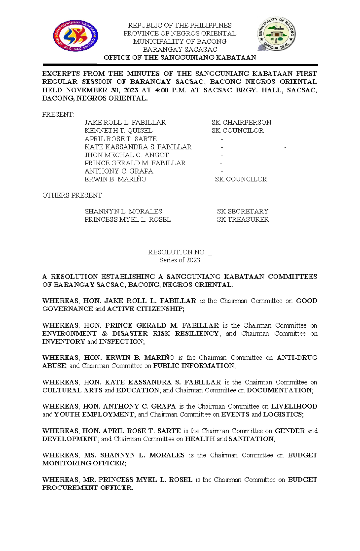 SK RESO on Appointing Committees - REPUBLIC OF THE PHILIPPINES PROVINCE ...