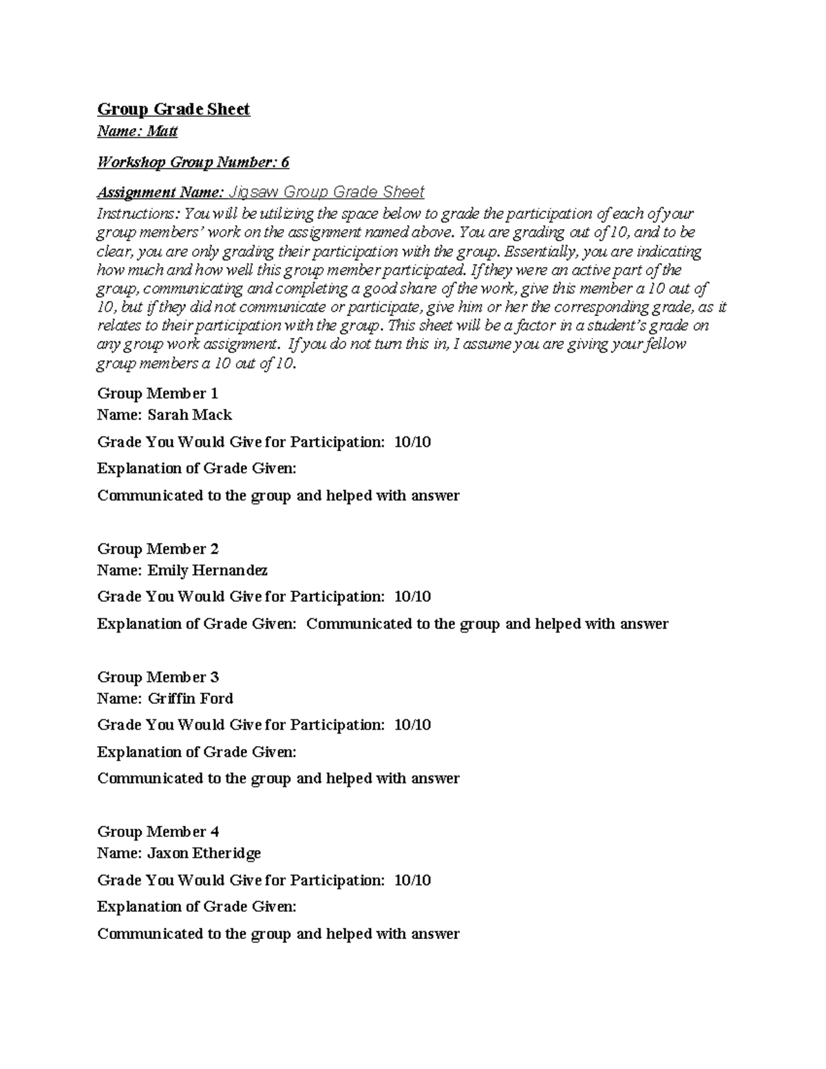 Jigsaw Group Grade Sheet - Group Grade Sheet Name: Matt Workshop Group ...