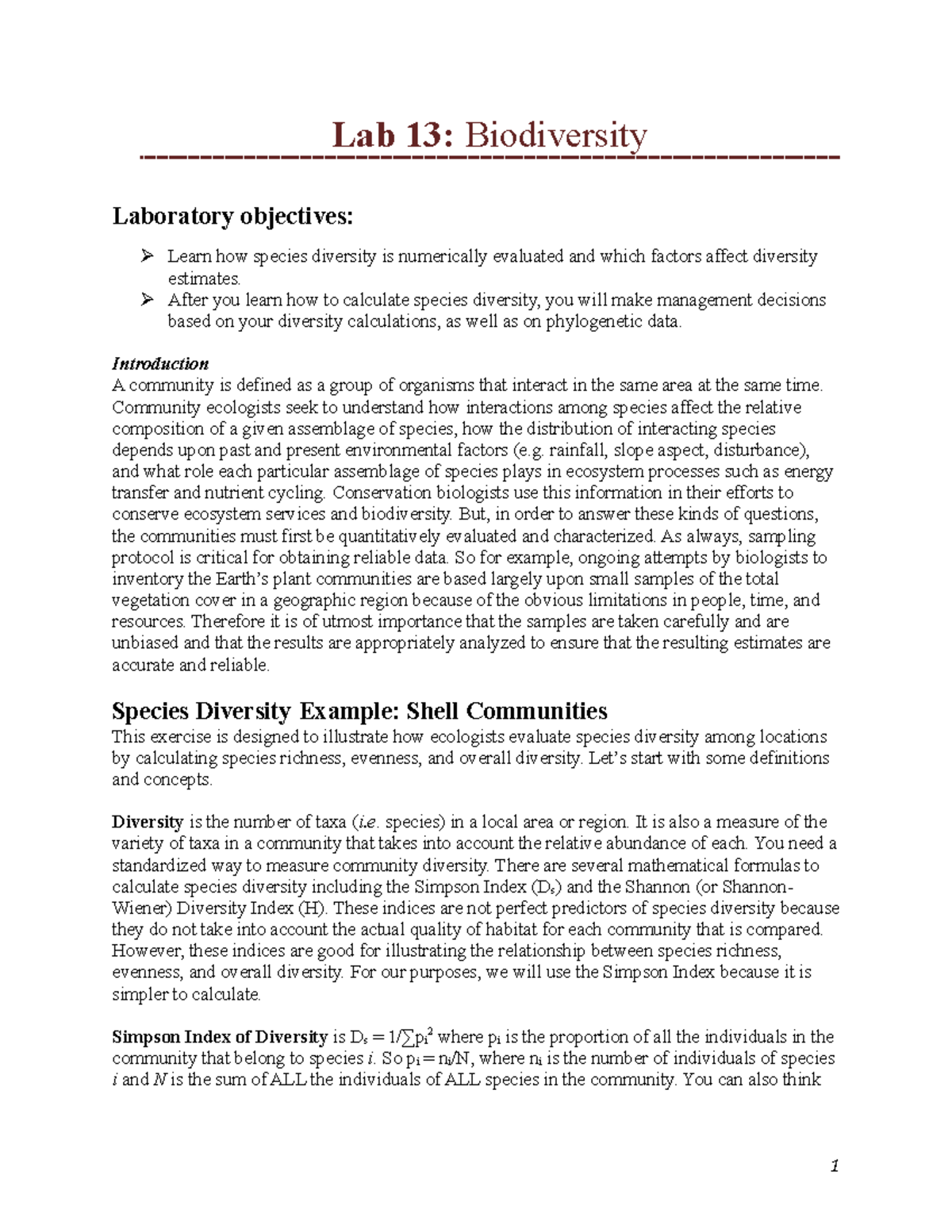 13 Biodiversity online - Lab 13: Biodiversity Laboratory objectives ...