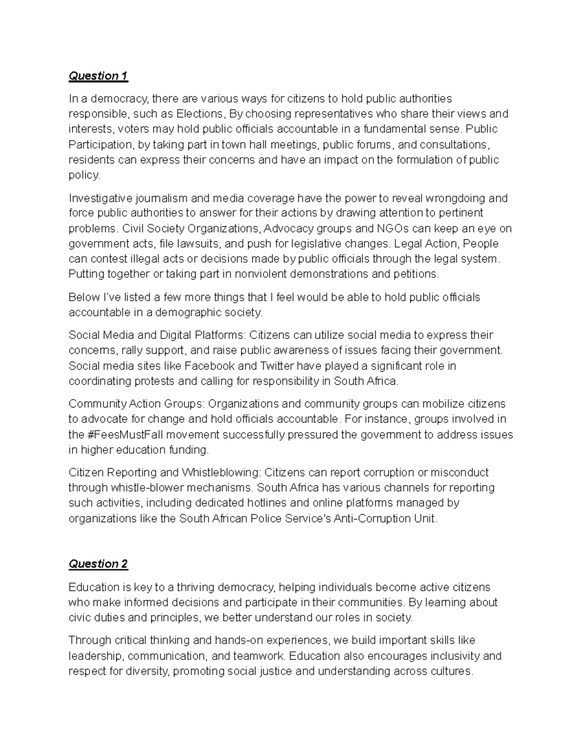 CPD Assignment 2 - Examples - Question 1 In a democracy, there are ...