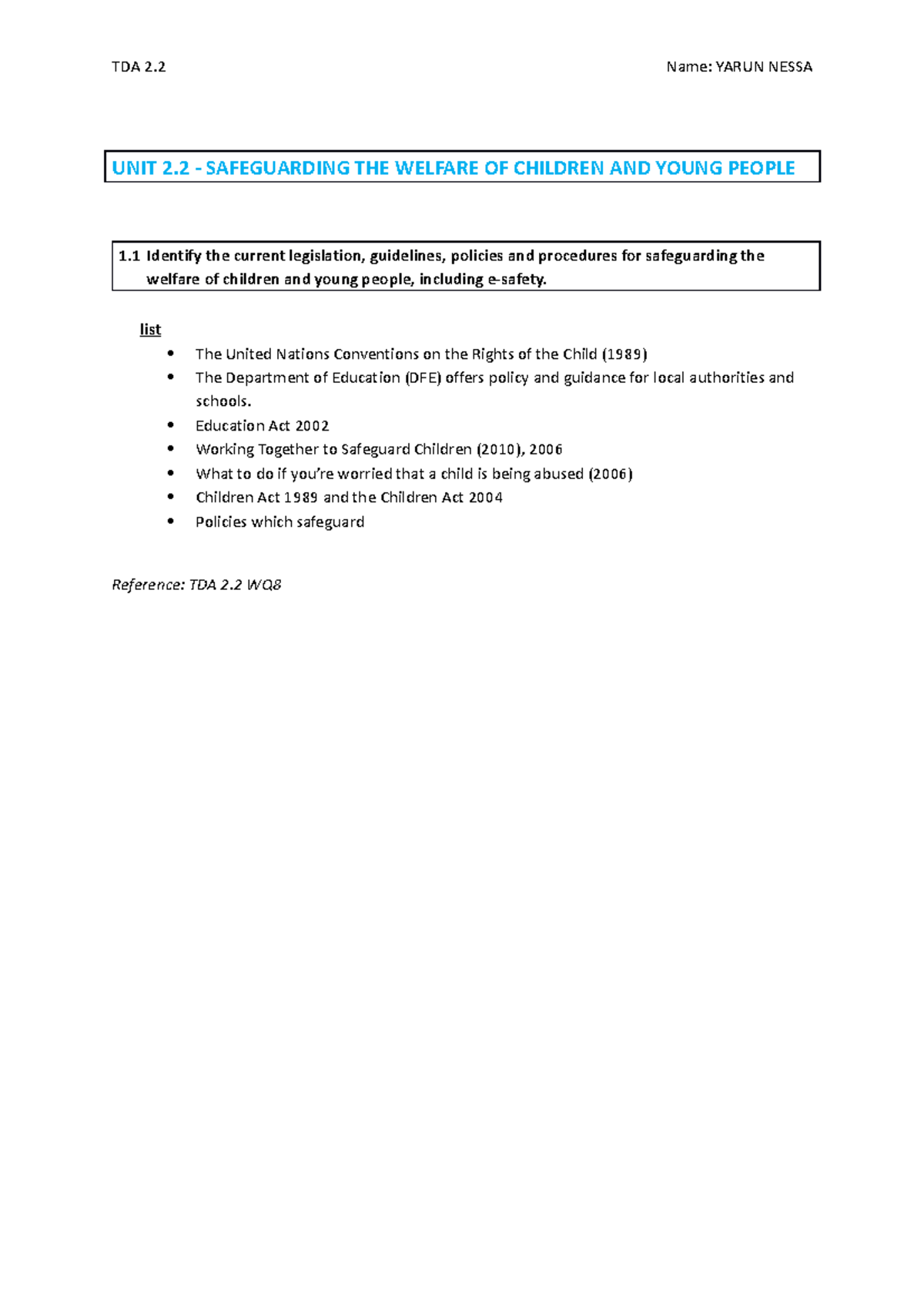 Yarun UNIT 2.2 - safeguarding paper - UNIT 2 - SAFEGUARDING THE WELFARE ...