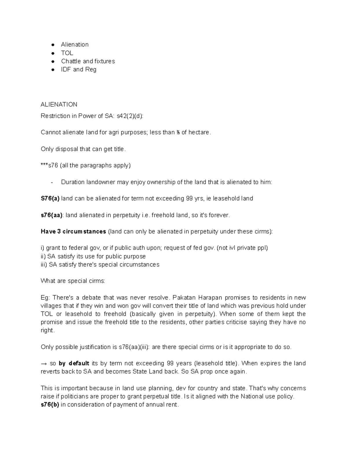 LAND LAW Notes - Summary Land Law II - Alienation TOL Chattle and ...