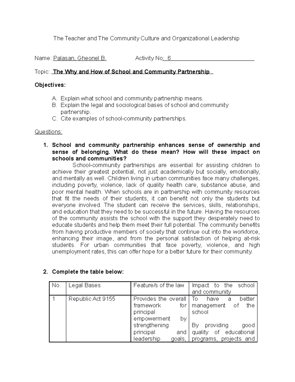Worksheet - 6 The Why and How of School and Community Partnership - The ...