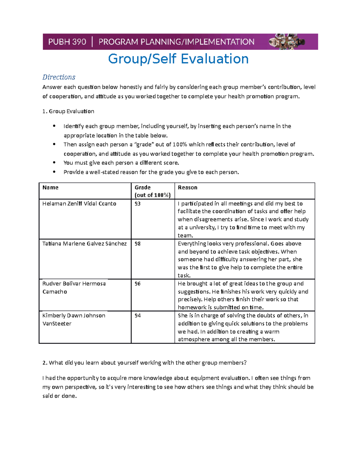 Pubh390 document self Group Evaluation - Group/Self Evaluation ...