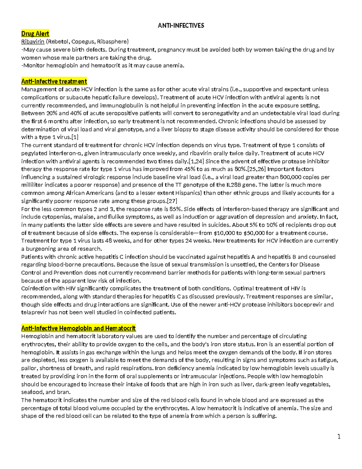 Pharm HESI 3-16-24 - ANTI-INFECTIVES Drug Alert Ribavirin (Rebetol ...