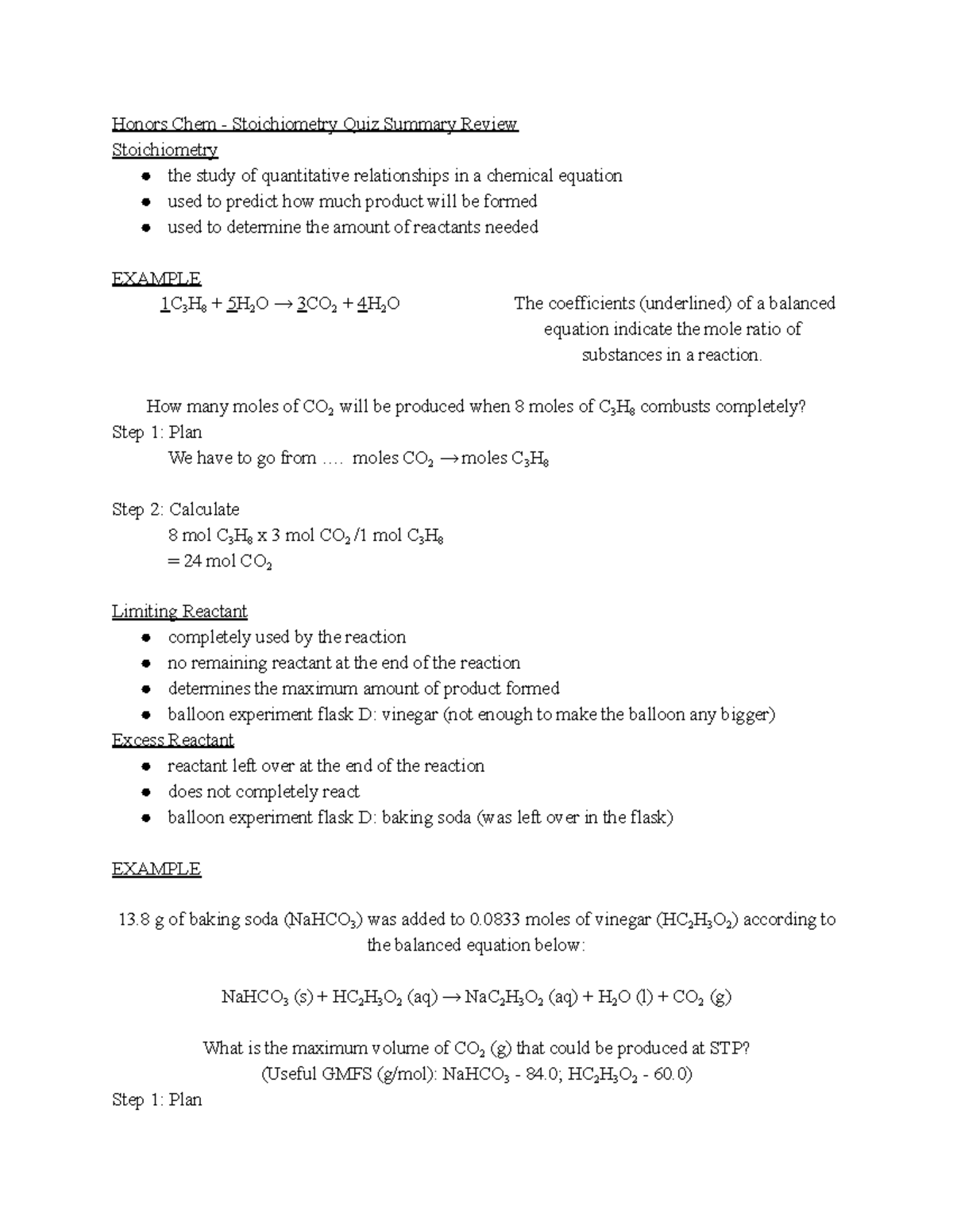 Honors Chem - Stoichiometry Quiz Summary Review - Honors Chem ...
