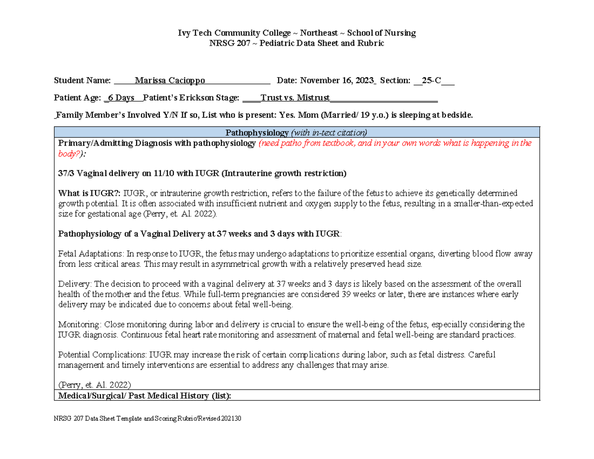 NICU Data Sheet - NRSG 207 ~ Pediatric Data Sheet and Rubric Student ...
