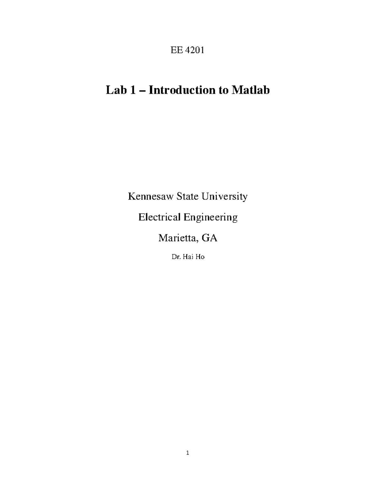 EE 4201 Lab 1 - Intro to Matlab - EE 4201 Lab 1 – Introduction to Matlab Kennesaw State ...