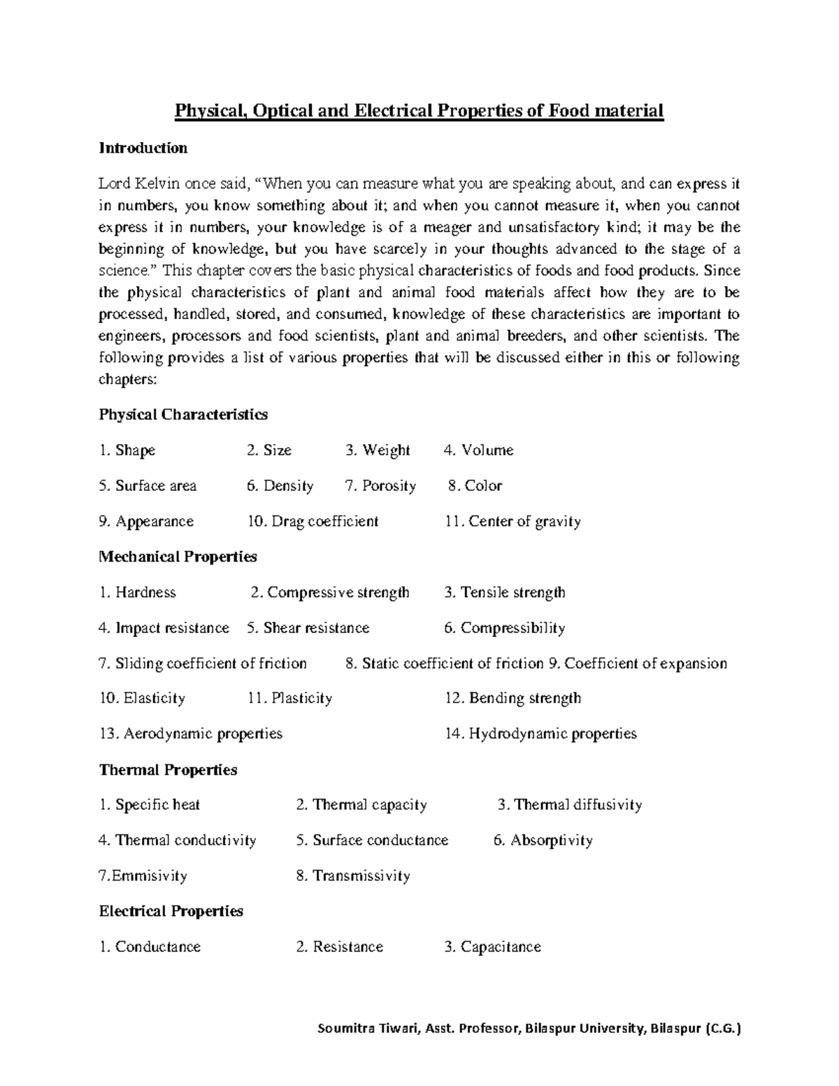 Notes Engg Properties of Food - Physical, Optical and Electrical ...