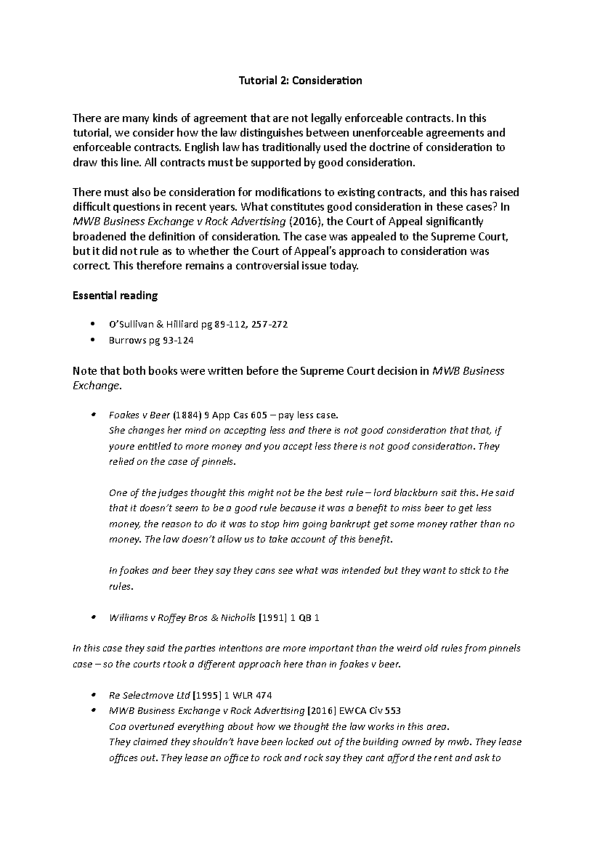 Tutorial two - Consideration - CL1 - University of Bristol - Studocu