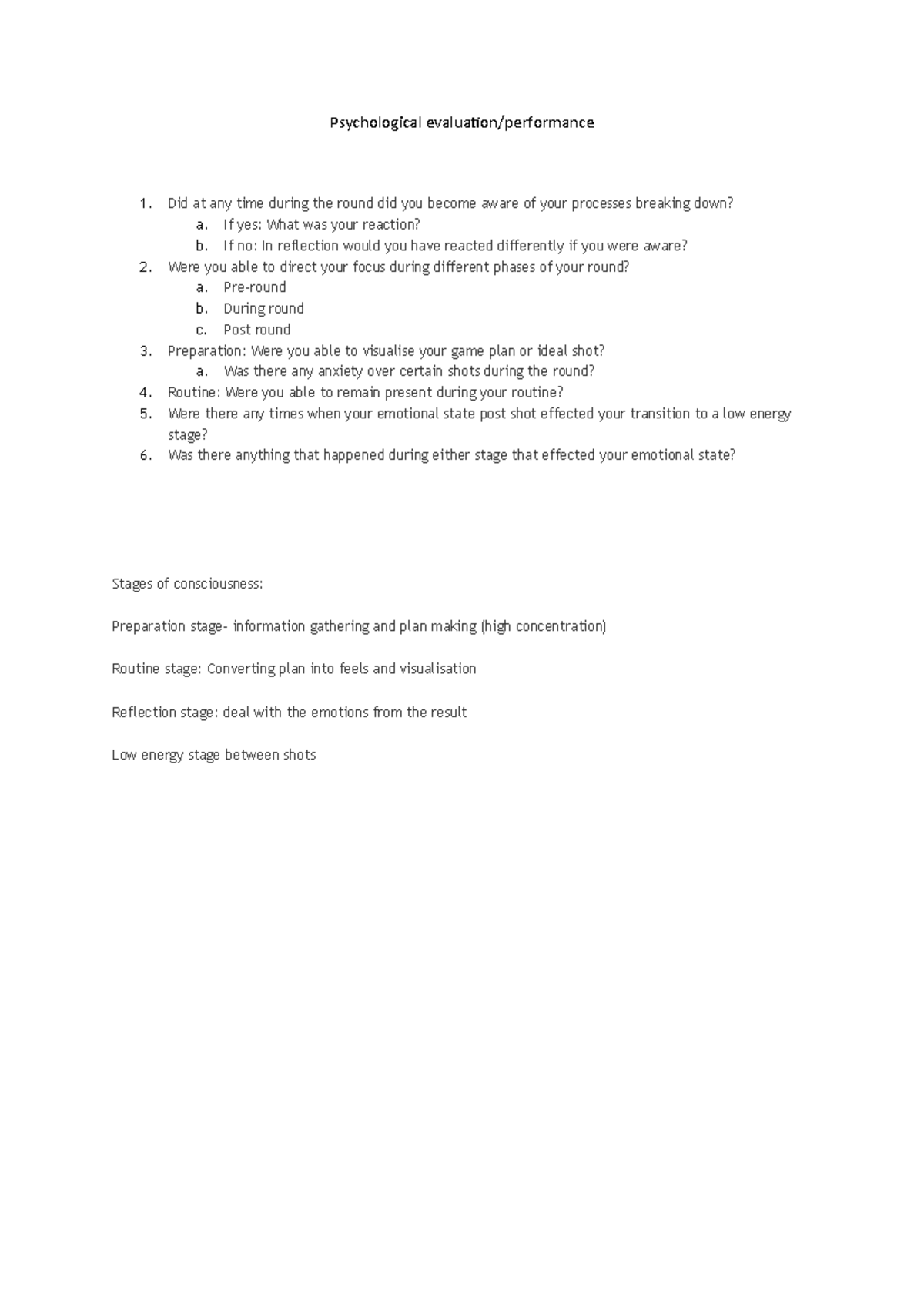 Psychological questionaire 12345 - Psychological evaluation/performance ...