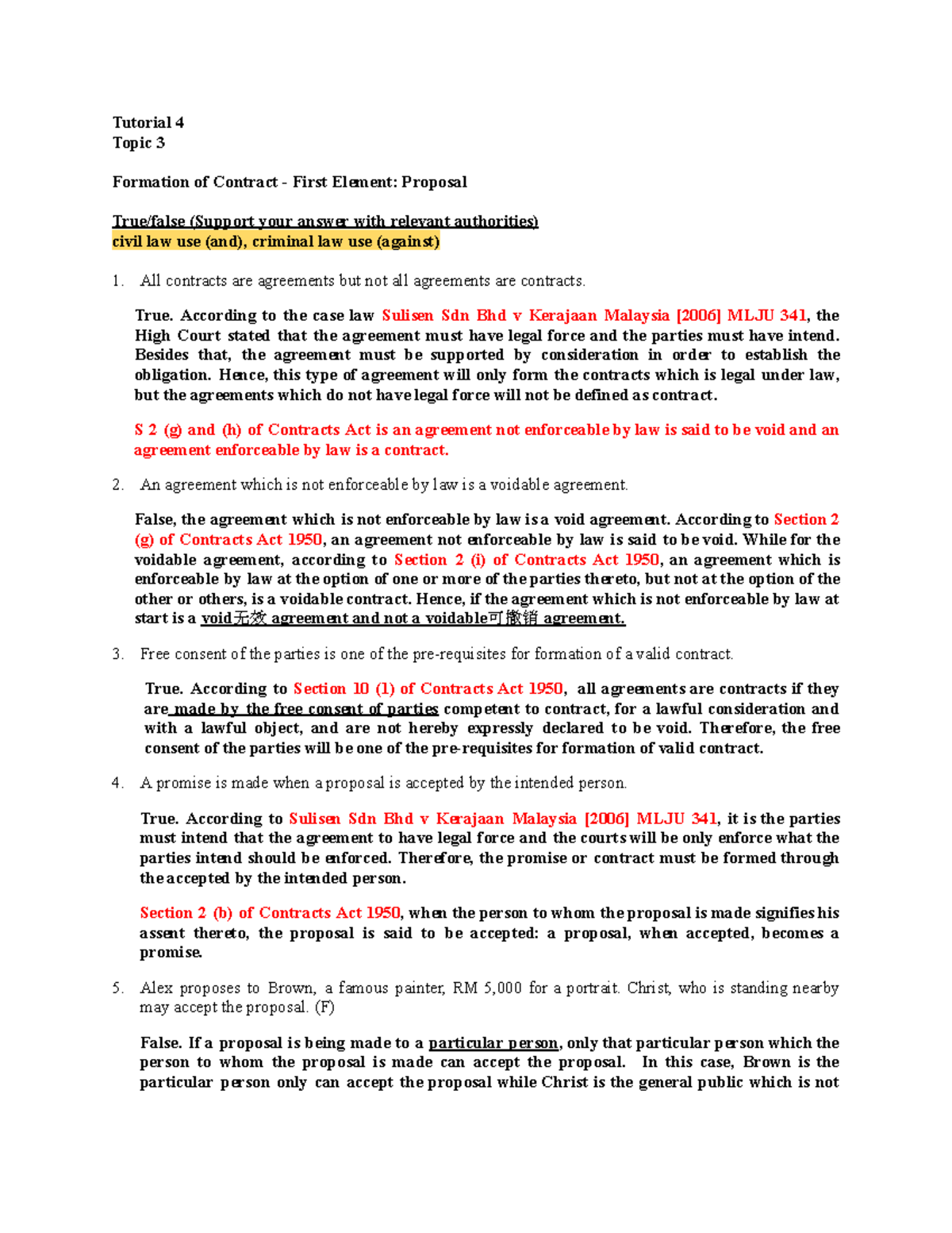 TUT 4 - Topic 3 (PART A).docx - Tutorial 4 Topic 3 Formation of Contract - First Element ...