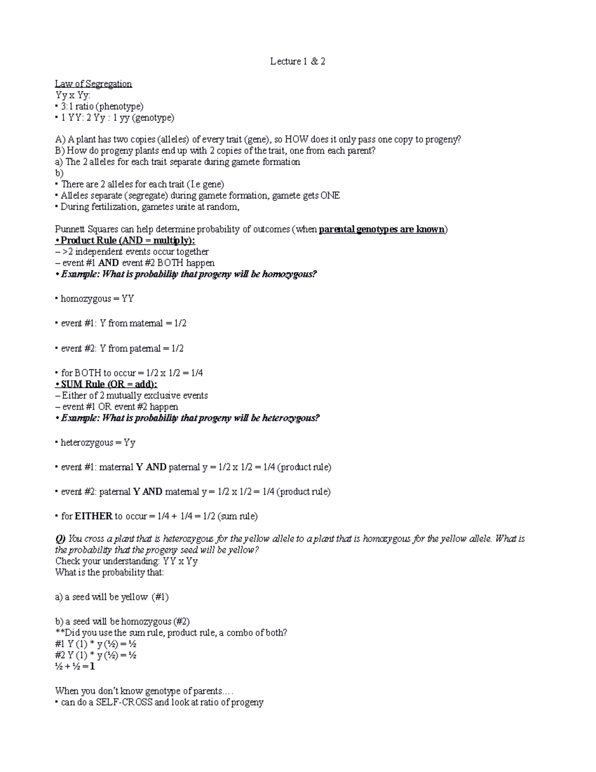 Lecture 1 & 2 notes - Mendelian and molecular genetics; mechanisms of ...