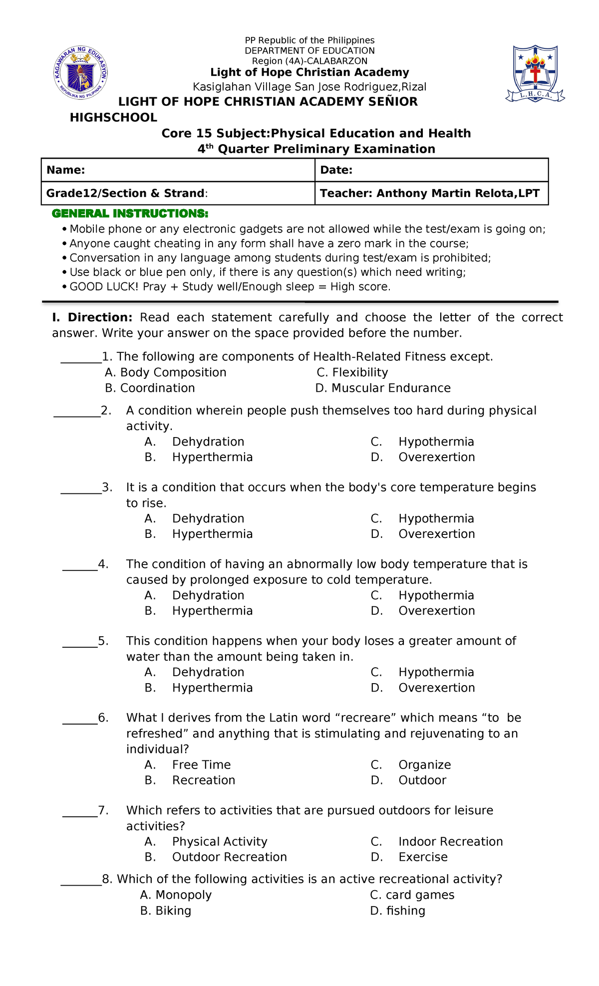 ABM 12 02-16 2024 Q4- Preliminary EXAM Core 15 Subject Physical ...