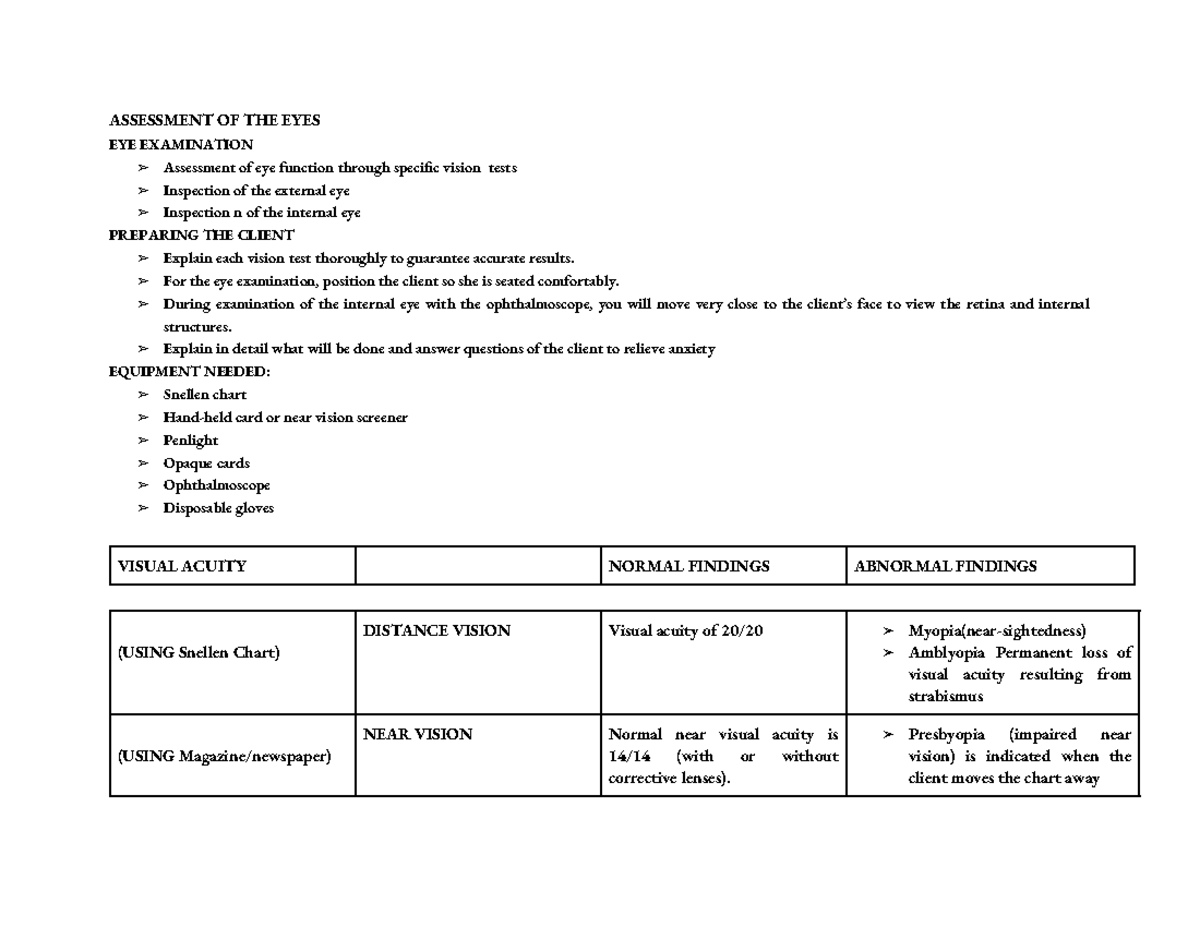 Untitled document - FOR EYES - ASSESSMENT OF THE EYES EYE EXAMINATION ...
