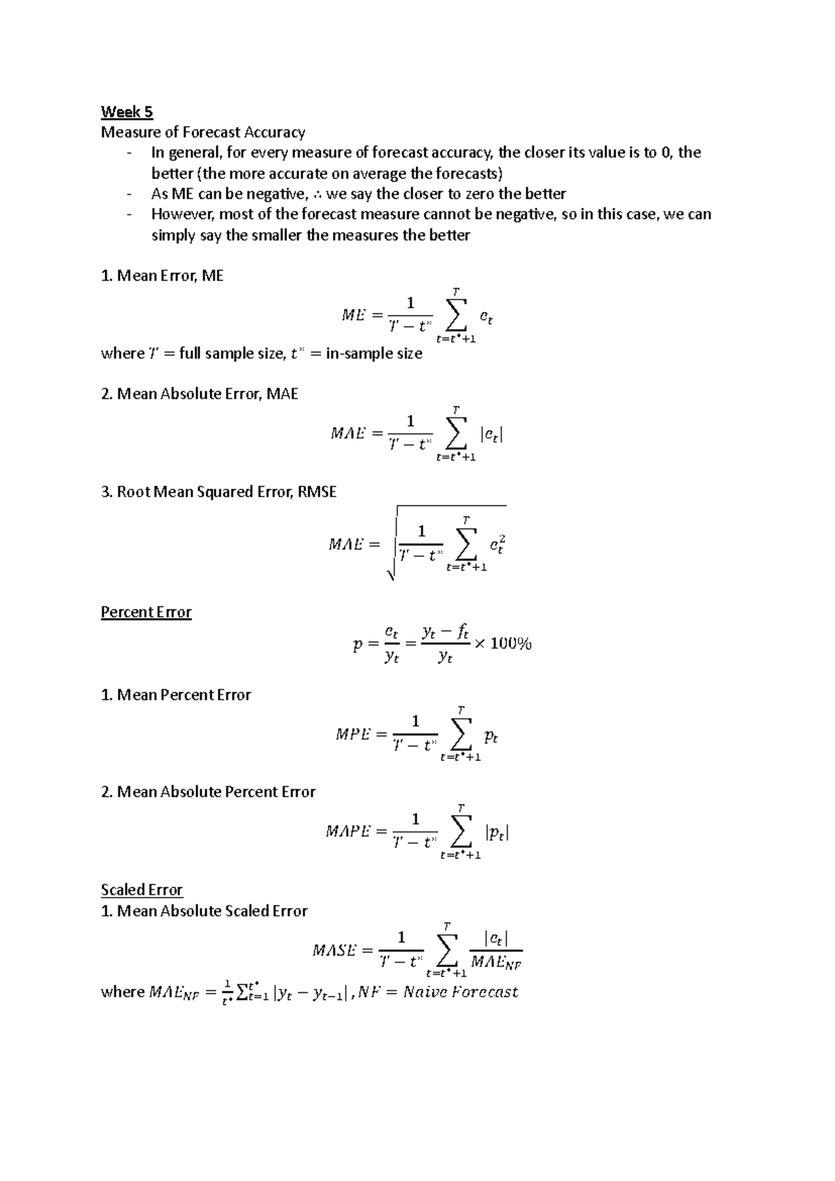 Lecture 5 Forecast Accuracy Measures Summary Notes Week 5 Measure Of