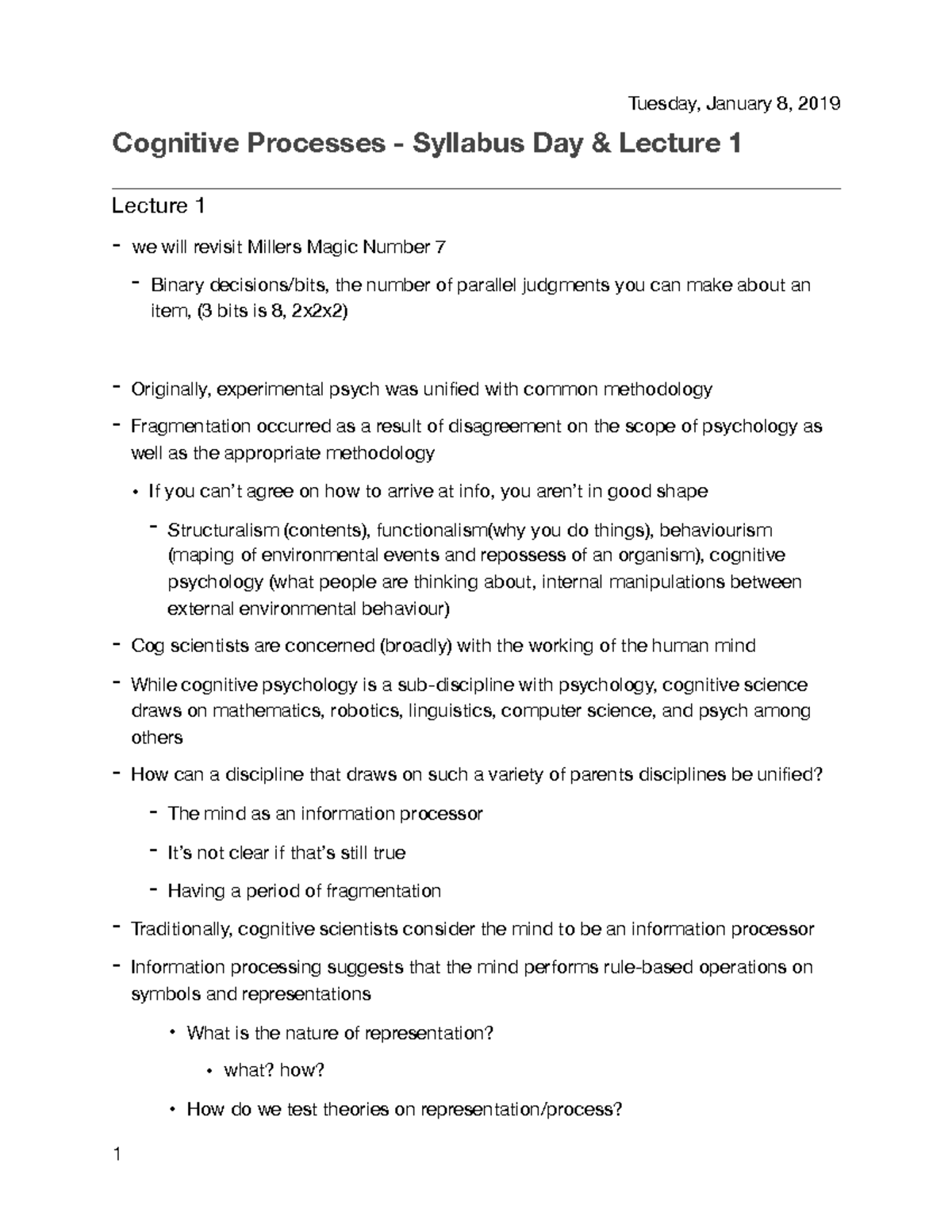 Cognitive Processes Lecture notes - Tuesday, January 8, 2019 Cognitive ...