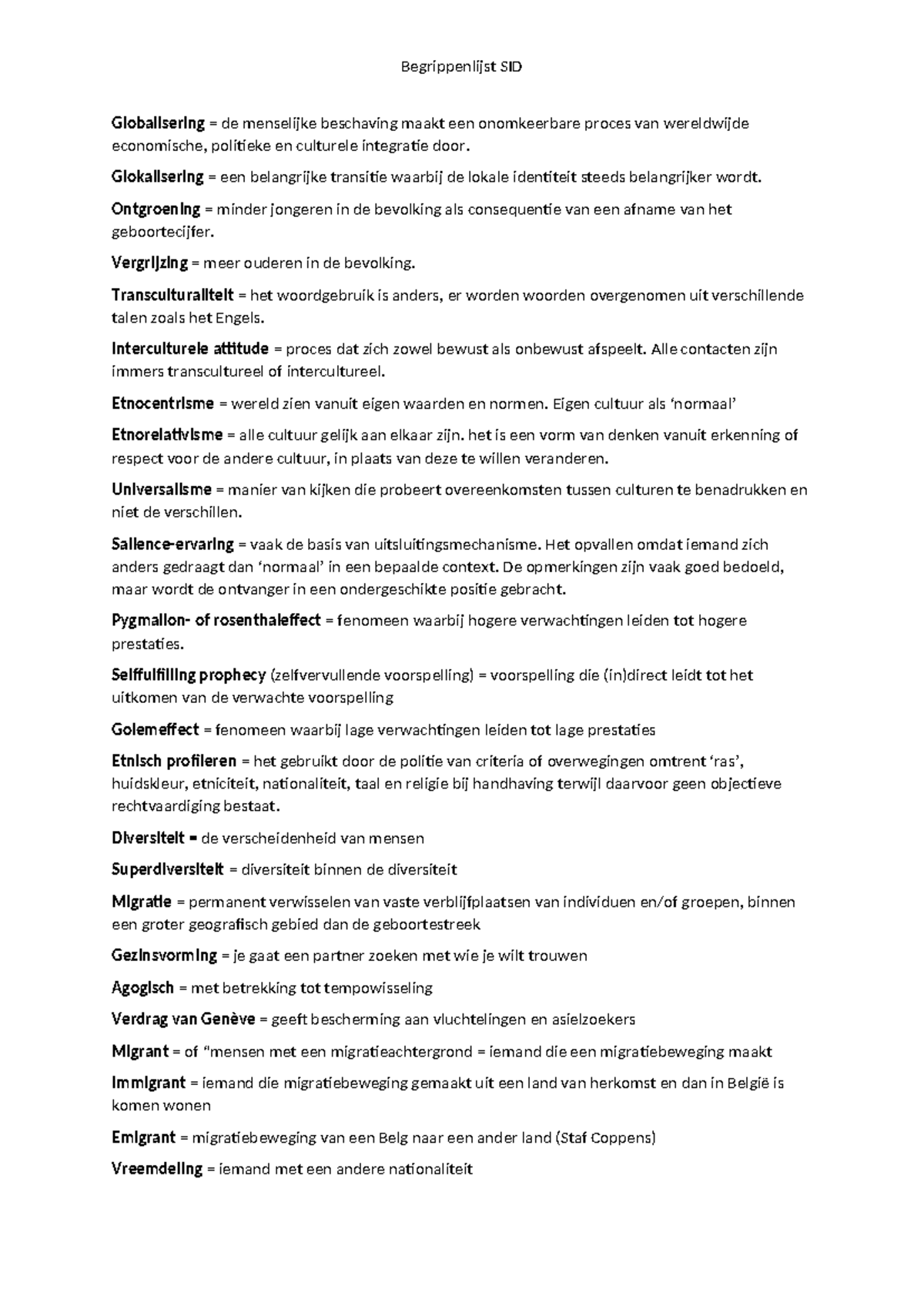 Begrippenlijst-SID - Samenvatting Sociale Inclusie en Diversiteit - Globalisering = de ...