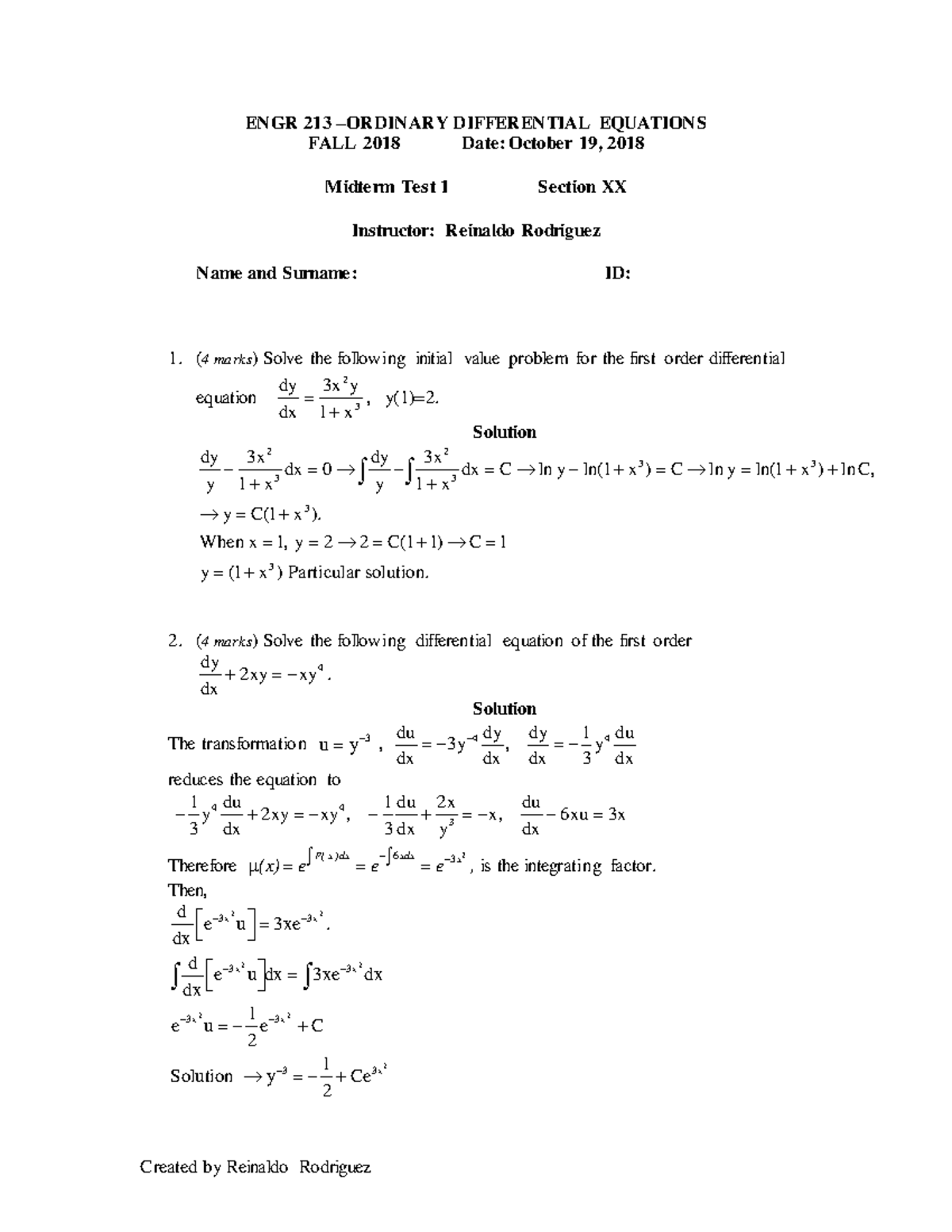 Midterm 1 2018 Questions And Answers Engr 213 Ordinary Differential Equations Fall 2018 Date