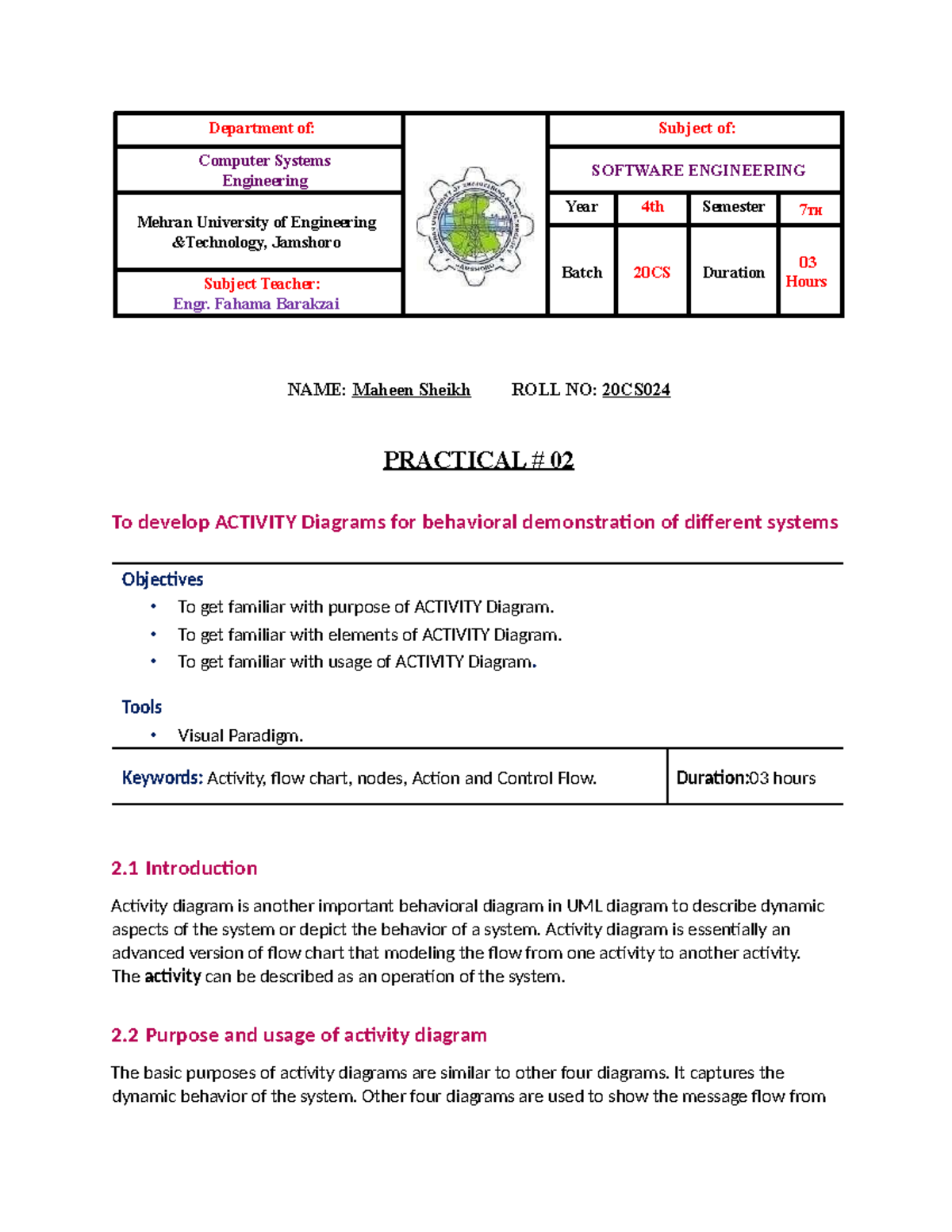 SE Lab 02 (Solved) - Department of: Subject of: Computer Systems Engineering SOFTWARE ...