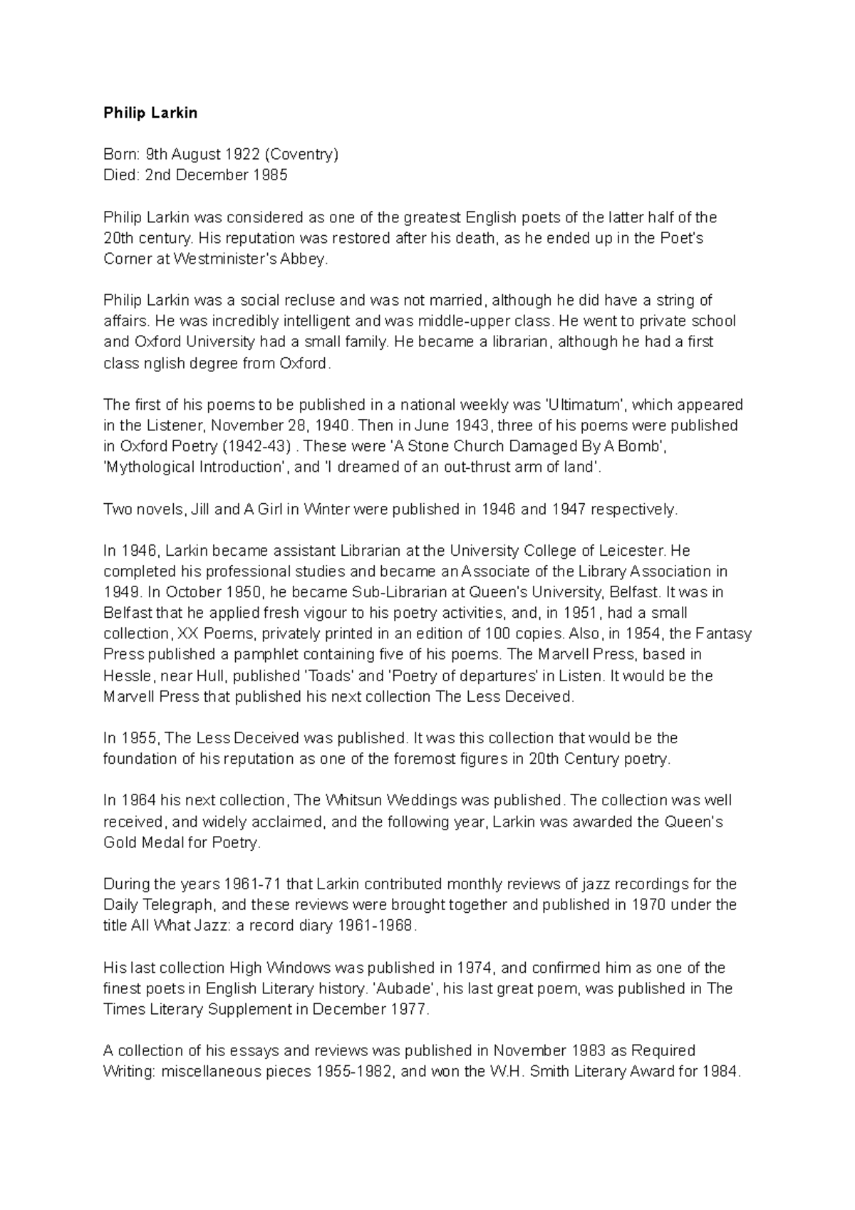 Philip Larkin Research - Philip Larkin Born: 9th August 1922 (Coventry ...