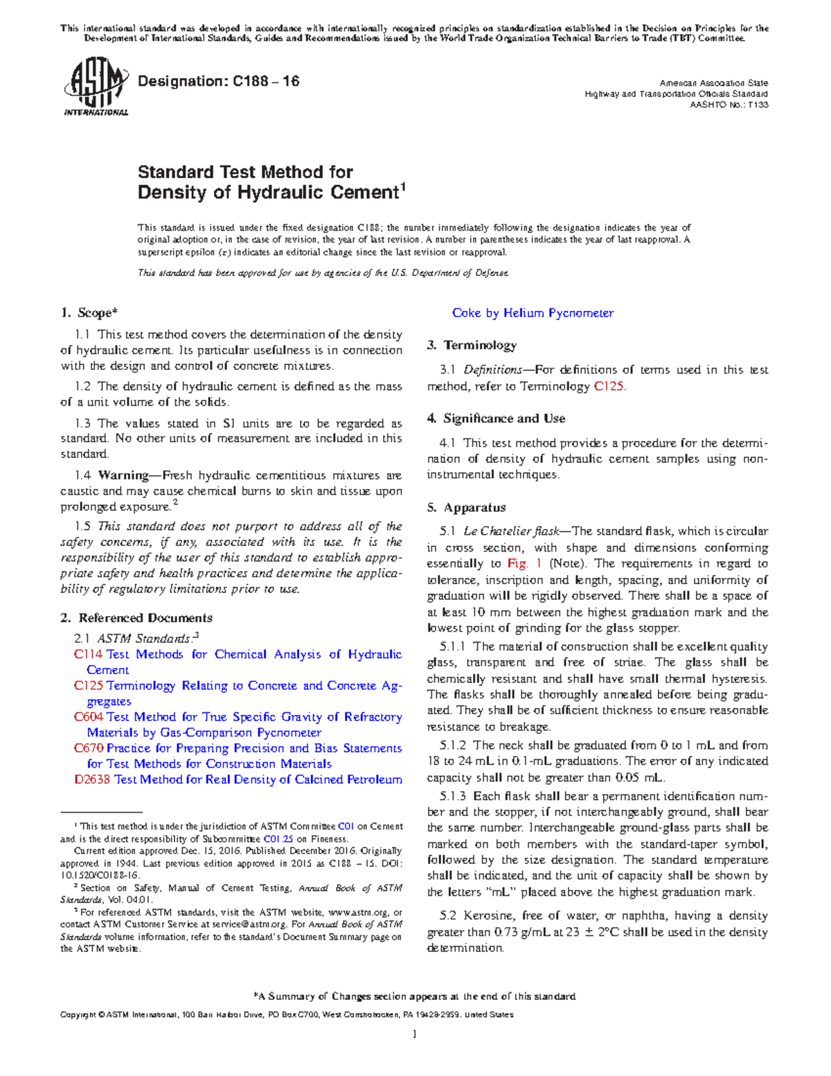 Standard Test Method for Density of Hydraulic Cement - Designation ...