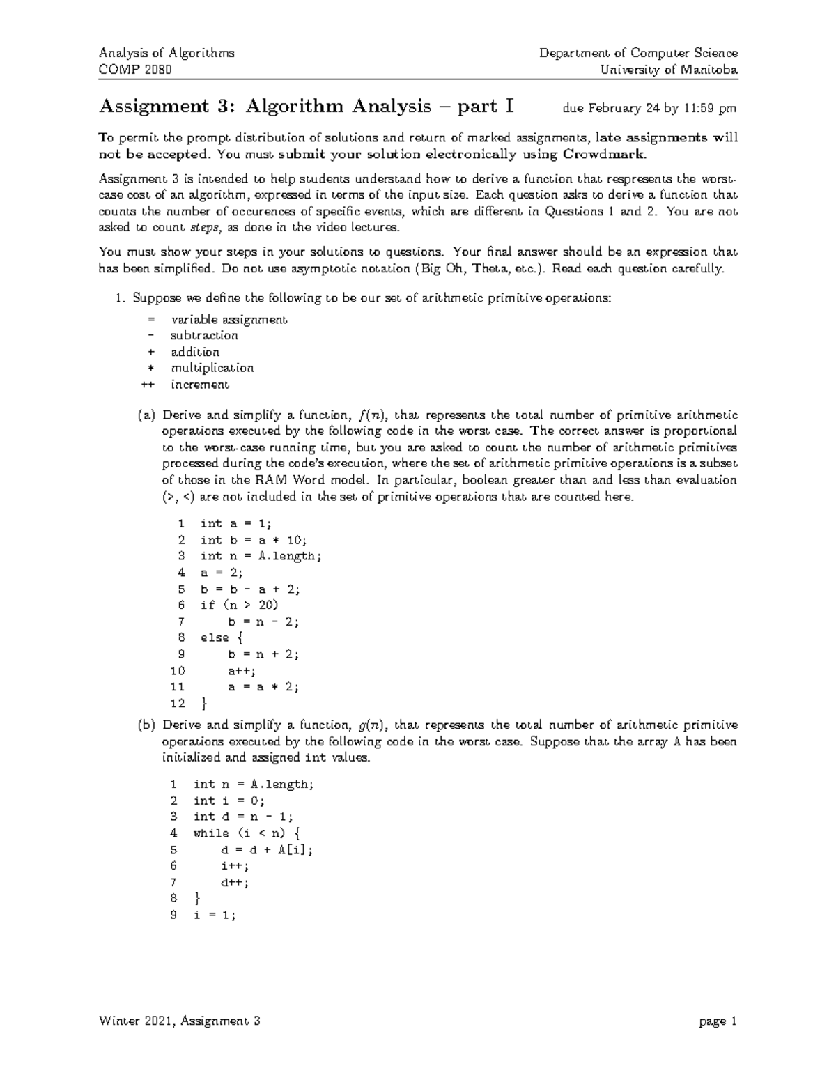 A3 - assignment - Analysis of Algorithms COMP 2080 Department of Computer Science University of ...